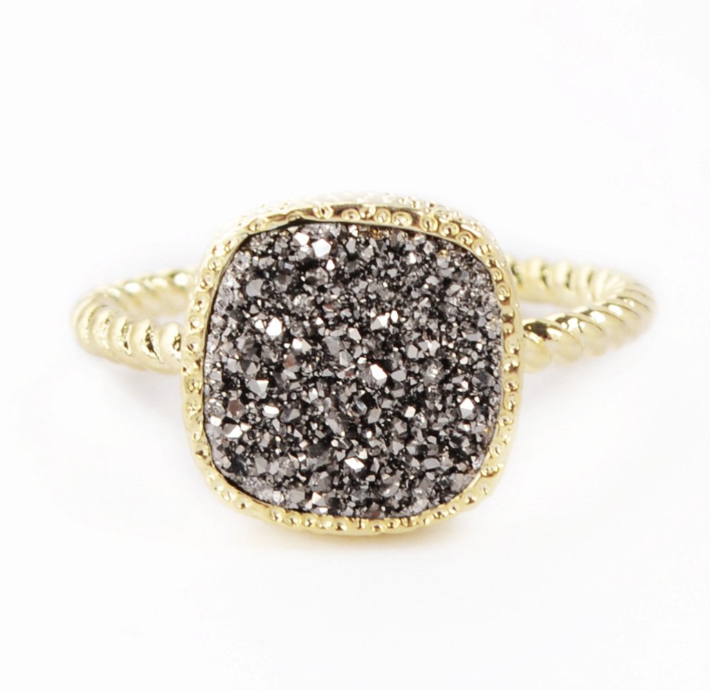 ZENGORI 12mm Gold Plated Square Silver Natural Agate Titanium Druzy Ring for Women Size 6 ZG058-2D
