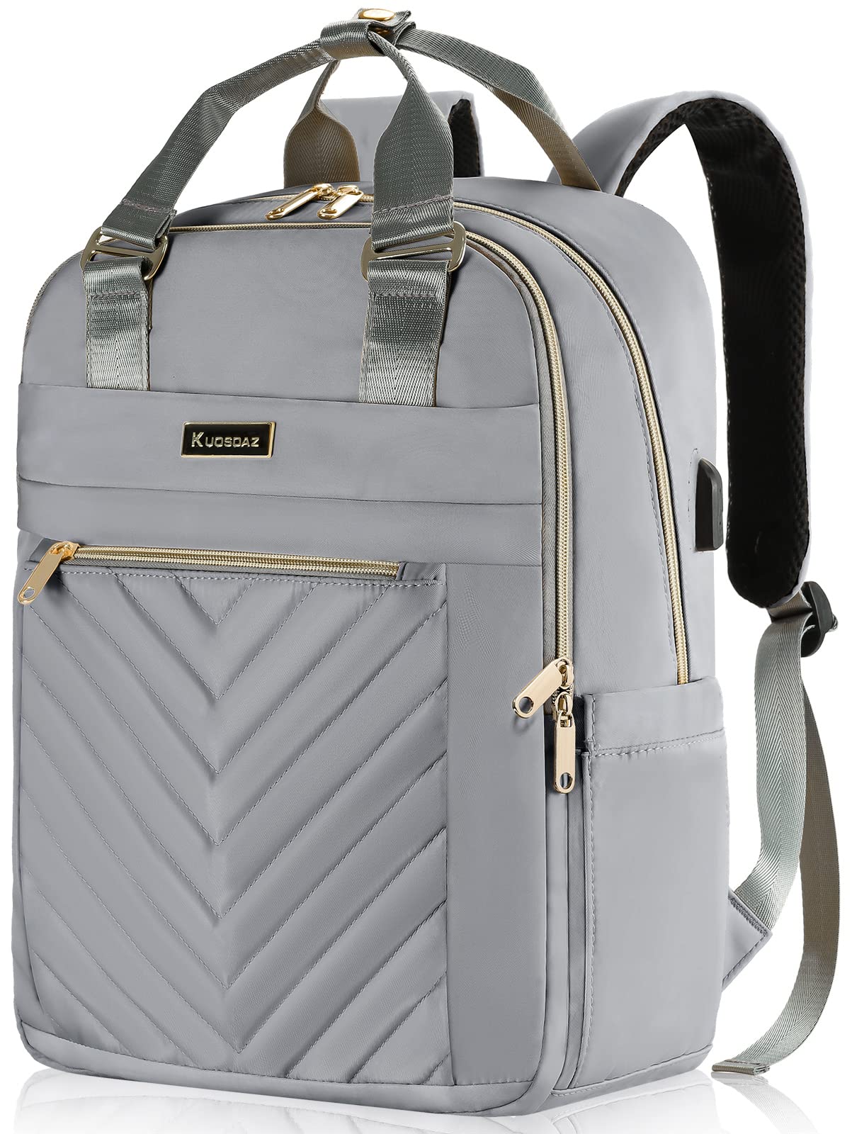 Travel Backpack for Women, 17.3 Inch Quilted School Laptop Bag, Large Back Pack Purse with USB Port, Work Business Teacher Computer Bag College Bookbags Casual Daypacks, Gray