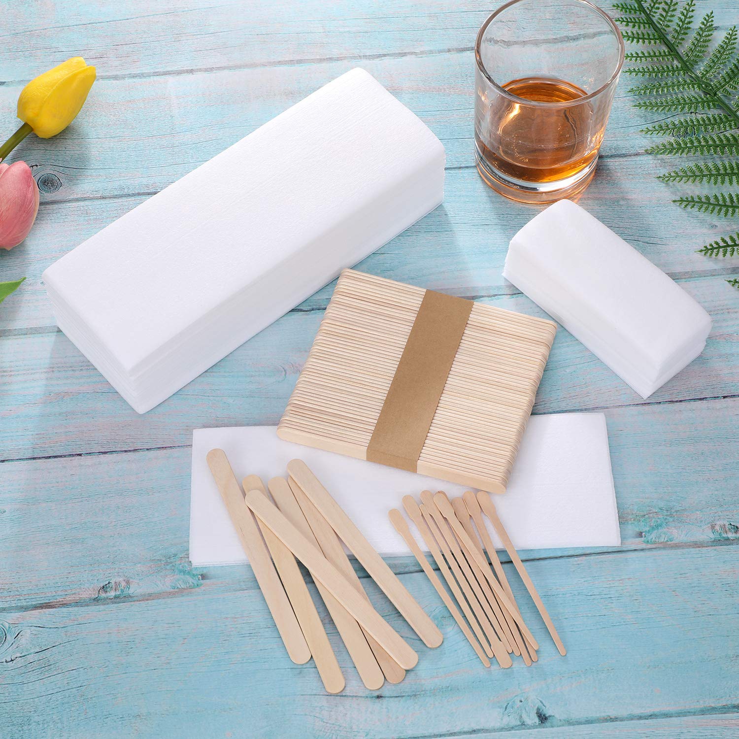 Yaomiao 400 Pieces Wax Strips Sticks Kit, Non-Woven Waxing Strips Hair Removal Strip with Wax Applicator Stick for Body Skin Facial Hair Removal Tools