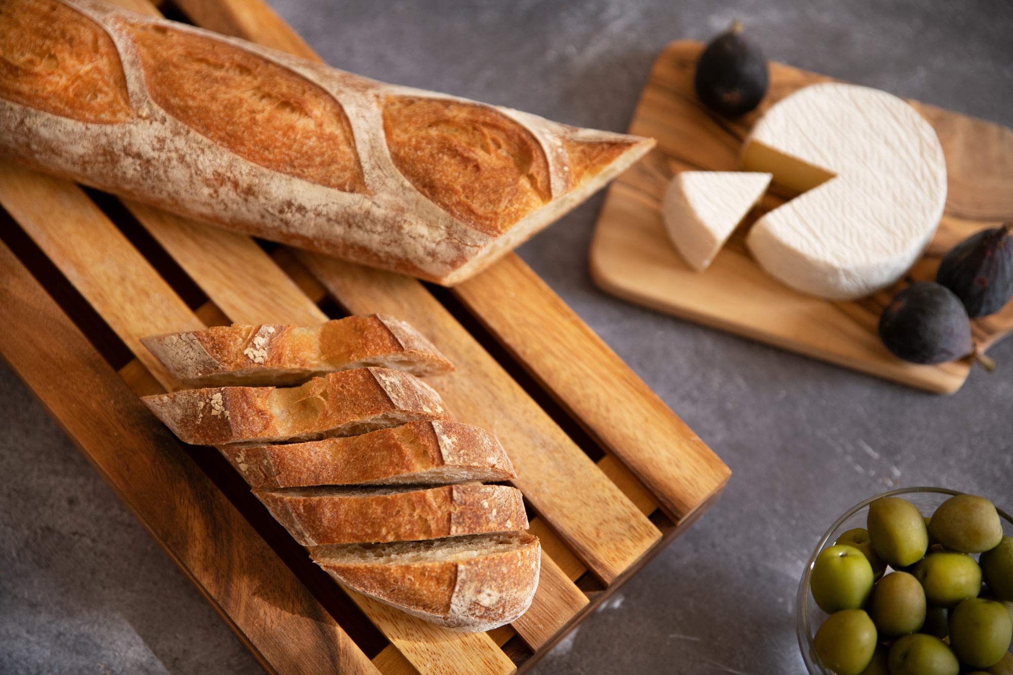Villa Acacia Wood Bread Board - 12 x 7 in Handcrafted Wooden Cutting Board Slicer Tray with Handle Medium