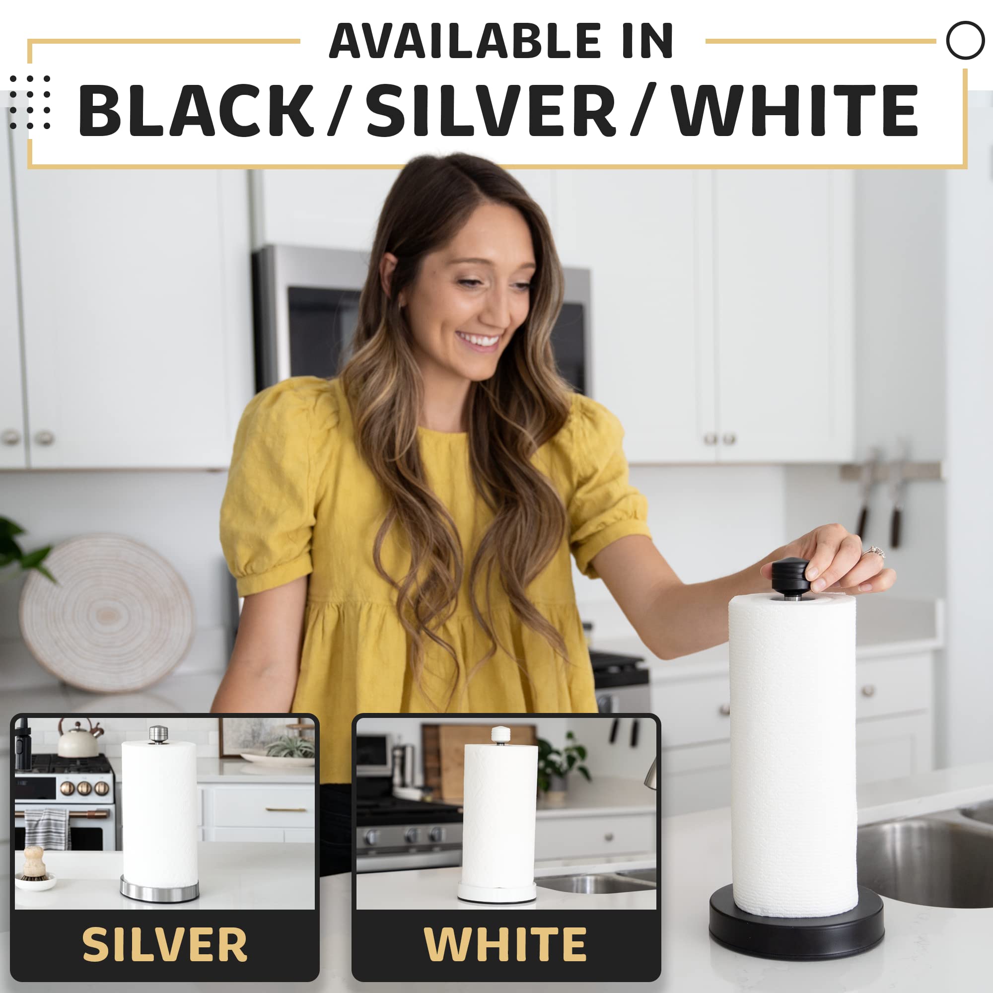 Stainless Steel Black Paper Towel Holder Designed for Easy One-Handed Operation - This Sturdy Weighted Paper Towel Dispenser Countertop Model Has Suction Cups and Holds All Paper Towel Rolls