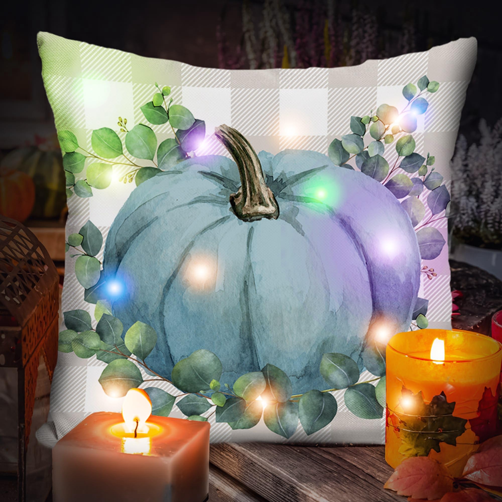 Thanksgiving Decorations Lighted Blue Pumpkin Thanksgiving Fall Pillow Covers 18x18, LED Blue Fall Decor Light up, Farmhouse Decorative Pillow Cover Set 4, Home Decor for Indoor Couch (Aqua/Teal)