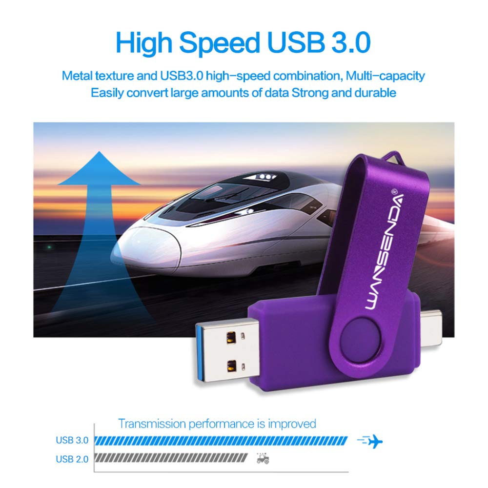 Wansenda 128GB USB C Flash Drive, 2 in 1 USB 3.0/3.1 Type C Thumb Drive Photo Memory Stick for Android Phones/Tablet/PC/Mac (128GB, Blue)