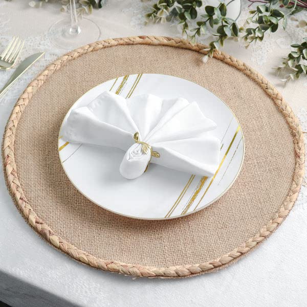 TABLECLOTHSFACTORY 4 Pack | 15" Round Natural Rustic Burlap Jute Placemats Braided Edges, Farmhouse Placemats with Trim