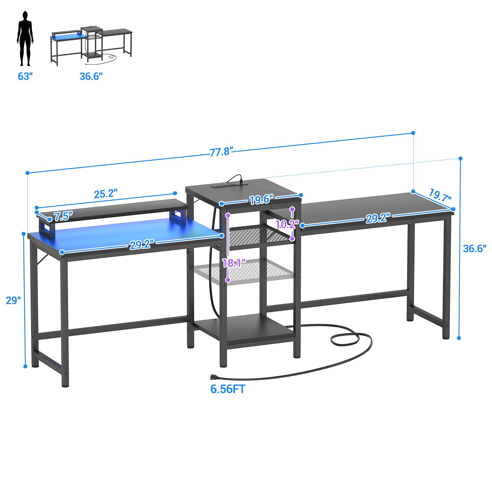 Unikito 2 Person Desk, Double Computer Desk with Power Outlets and Storage Shelves, Modern Computer Desk with Printer Stand, Extra Long Large Workstation for Home Office, Couple Gaming Desk, Black Oak