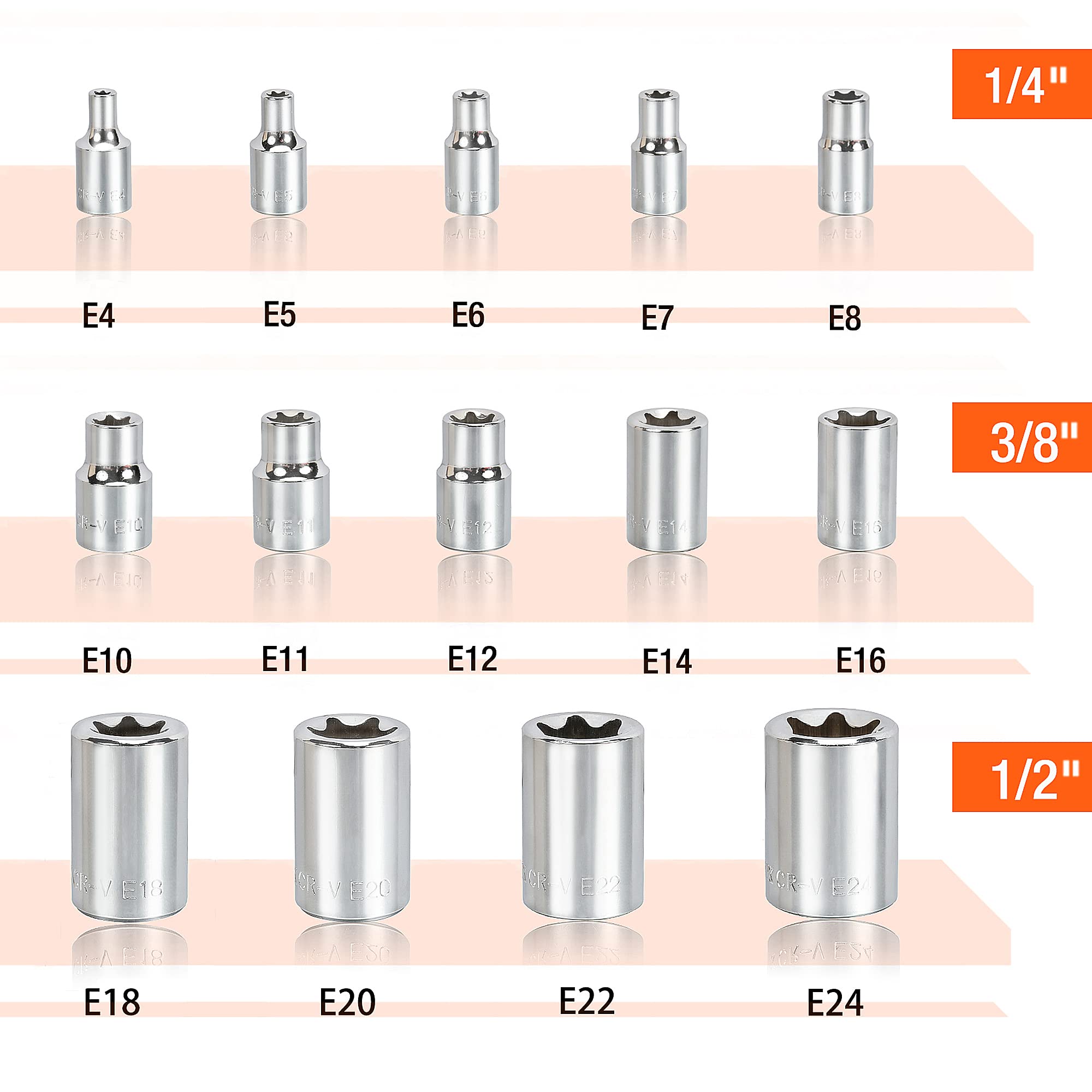ValueMax 14-Piece Female E-Torx Star Socket Set, 1/4", 3/8" and 1/2" Drive, Female External Star Socket Set with Rail, E4-E24 Torque Socket Set, Cr-V Steel