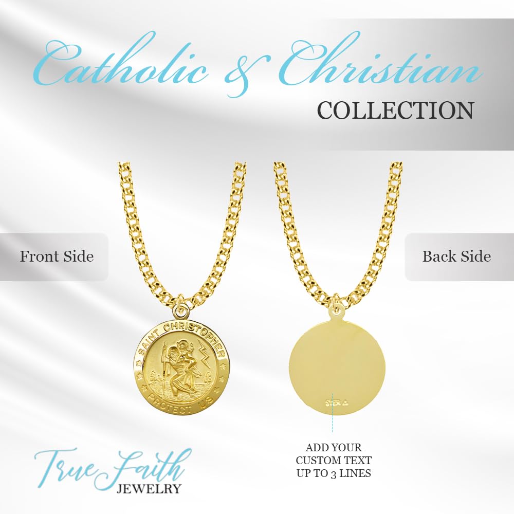 TrueFaithJewelry 14K Gold-Plated Sterling Silver Saint Christopher Medal Patron Saint Pendant Necklace Religious Jewelry, 3/4 Inch