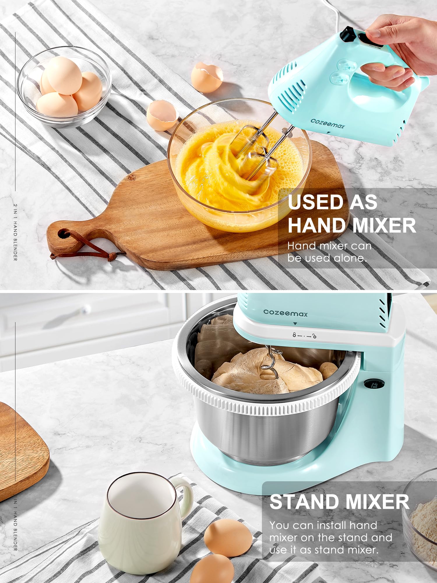 Stand Mixer, Cozeemax 8 Speeds Electric Dough Mixer with 5Qaurt Stainless Steel Bowl and Splash Guard, Kitchen Mixer - Includes Beater, Dough Hook & Whisk