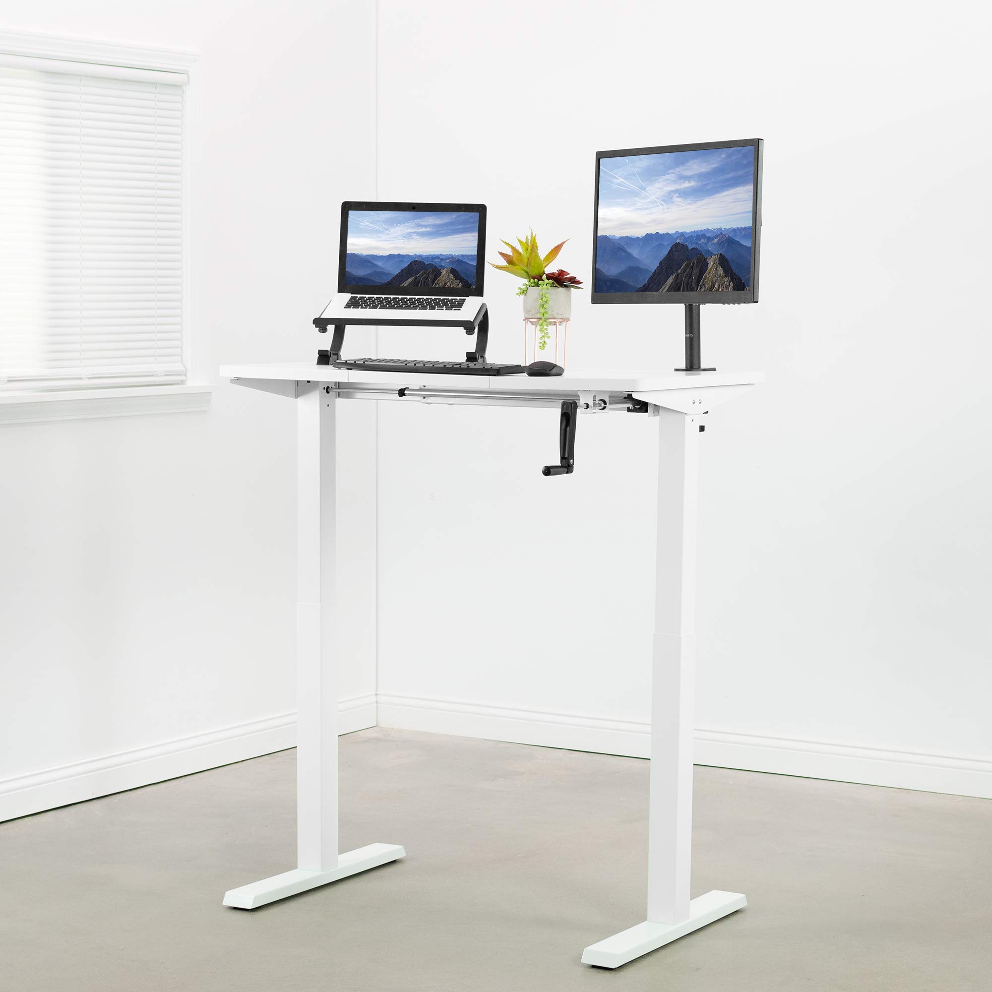 VIVO Manual 43 x 24 inch Stand Up Desk, 3 Section Table Top with Frame, Height Adjustable Standing Workstation with Foldable Handle, White, DESK-MW43TW