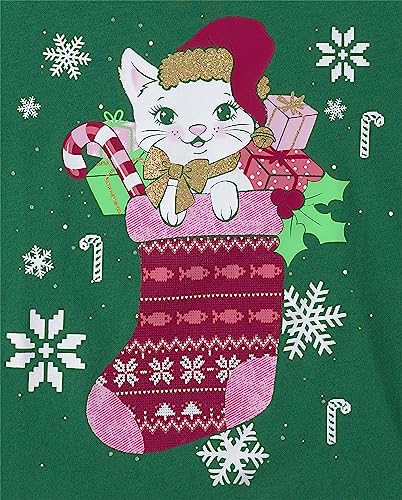 The Children's Place Girls' All Holidays Long Sleeve Graphic T-Shirts, Christmas Cat in Stocking, Medium