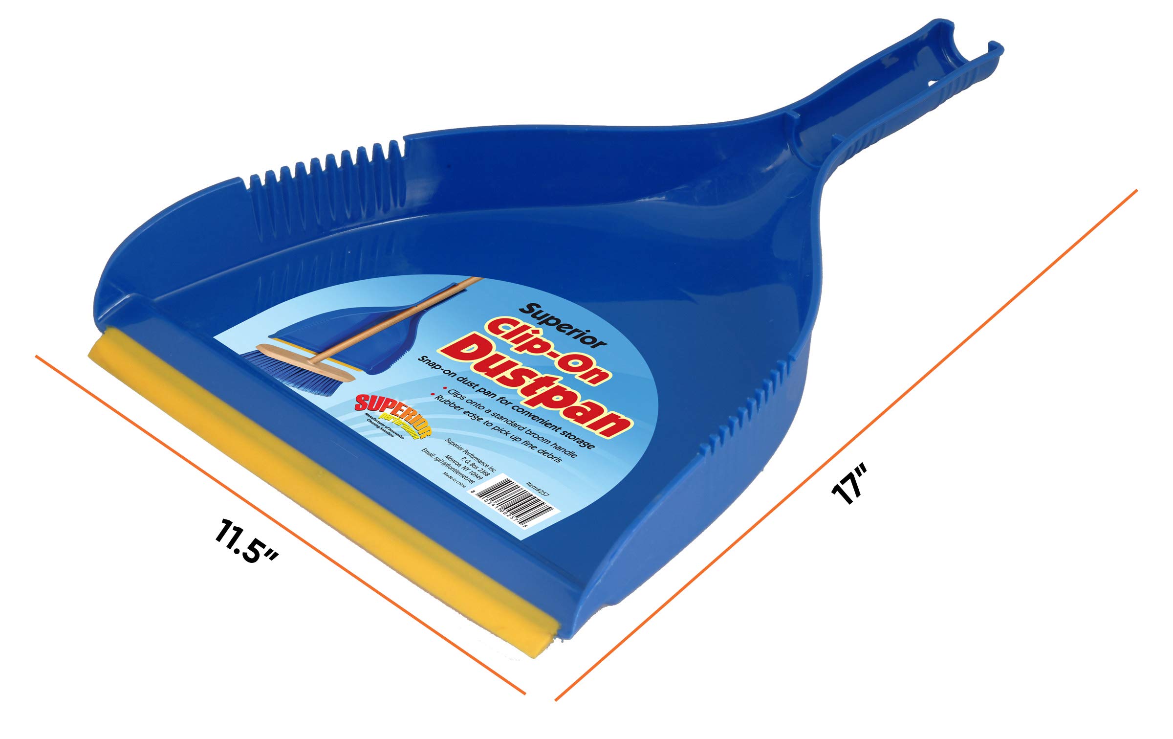 Superio Clip-On Dustpan - Heavy Duty Plastic, Easy Grip Clip-On Dust Pan with Rubber Edge, Detailed Sweeping Debris, Fits Standard Brooms Home & Commercial Dusting & Cleaning Tool, Blue, 2-Pack