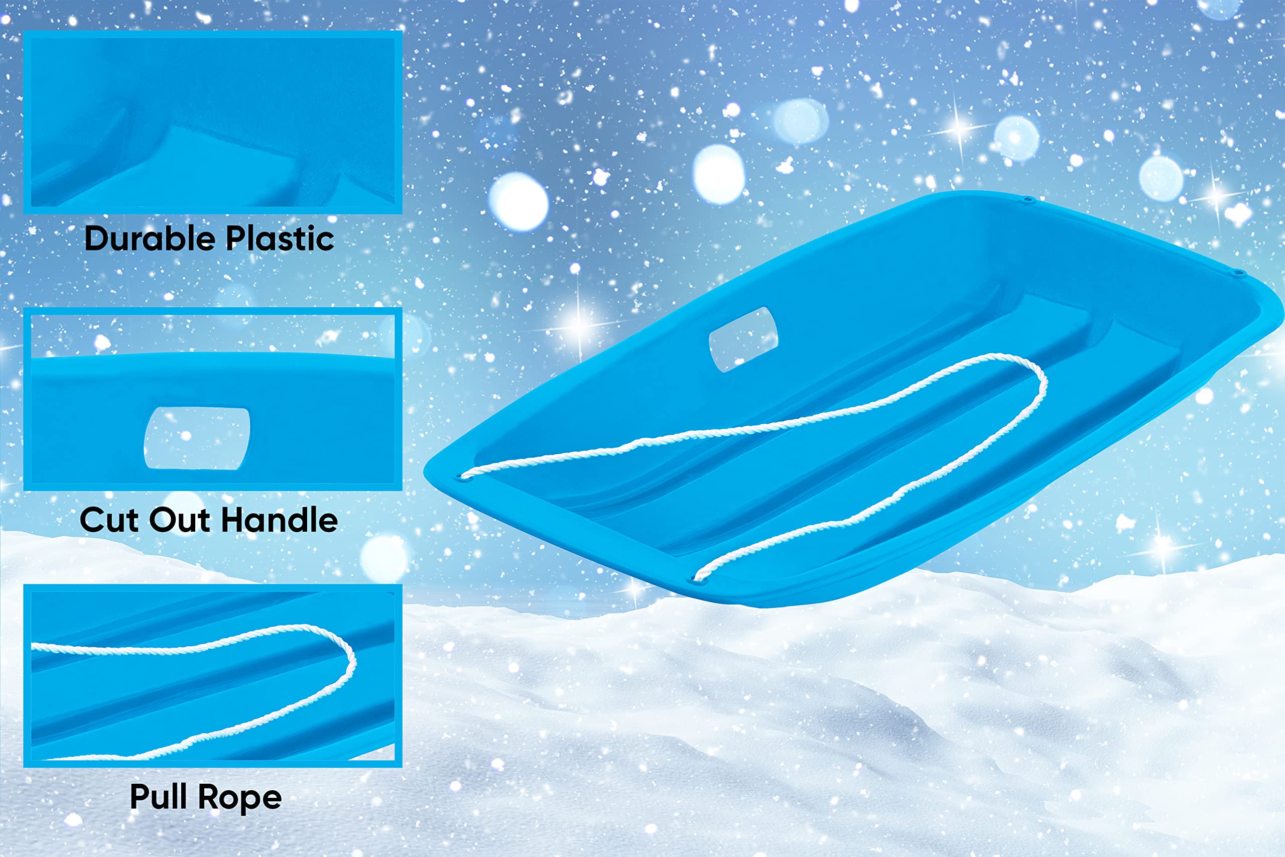 Superio Toboggan Snow sled for Kids and Adults - 35" Long with 2 Handles Pull Ropes (Blue)