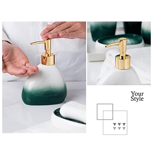 XENITE Soap Dispenser Gradient Green Soap Dispenser, 5 Piece Bathroom Accessories Set, Including Mouthwash Cup, Toothbrush Cup & Soap Dish, 15.2oz Reusable Soap (Color : 5 Piece Set)