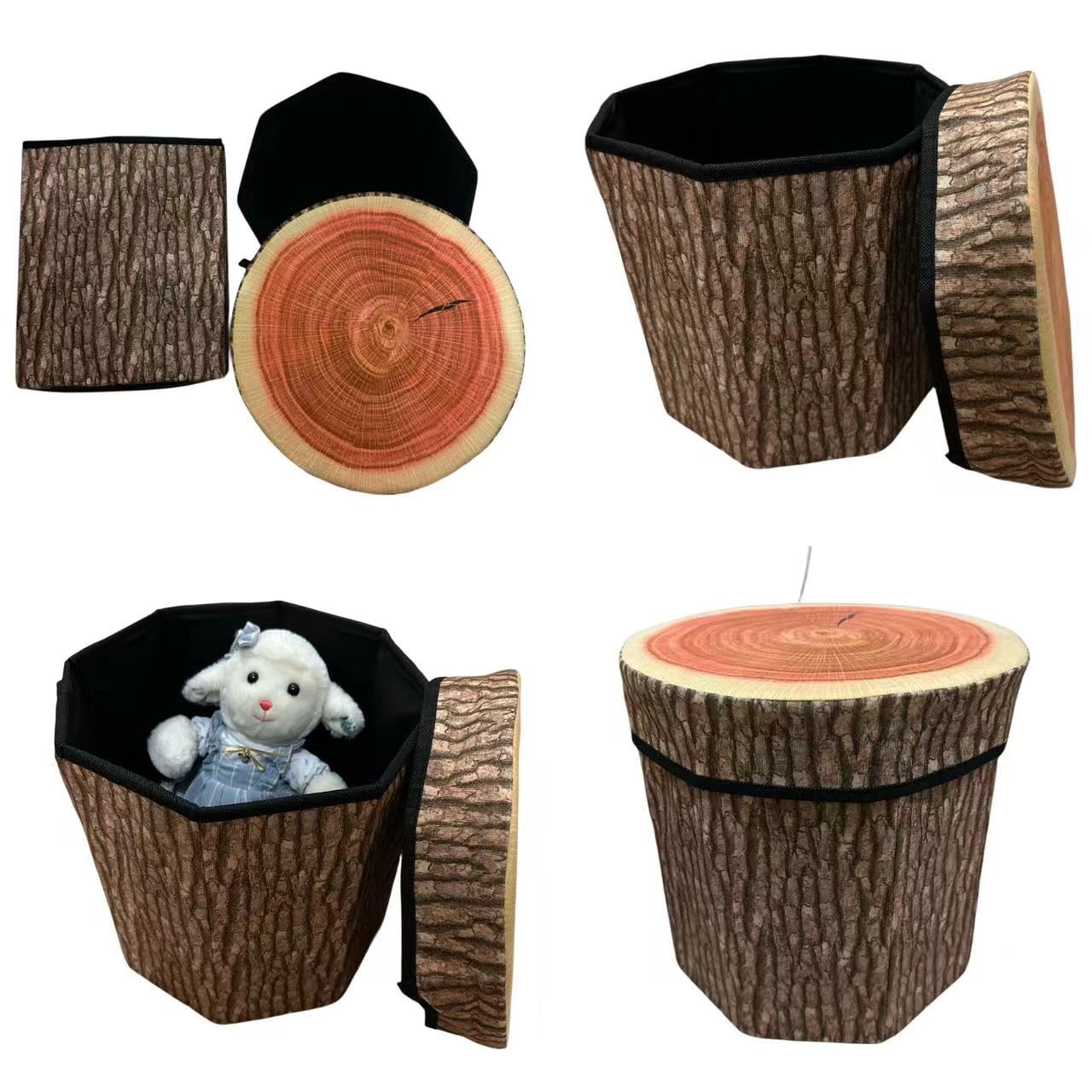 Tree Stump Stool Storage Ottoman 12 x 12 Inch Folding Storage Tree Stump Toy Box Storage with Foam Cushion, Cute Creative Collapsible Storage Seat Chest (2)