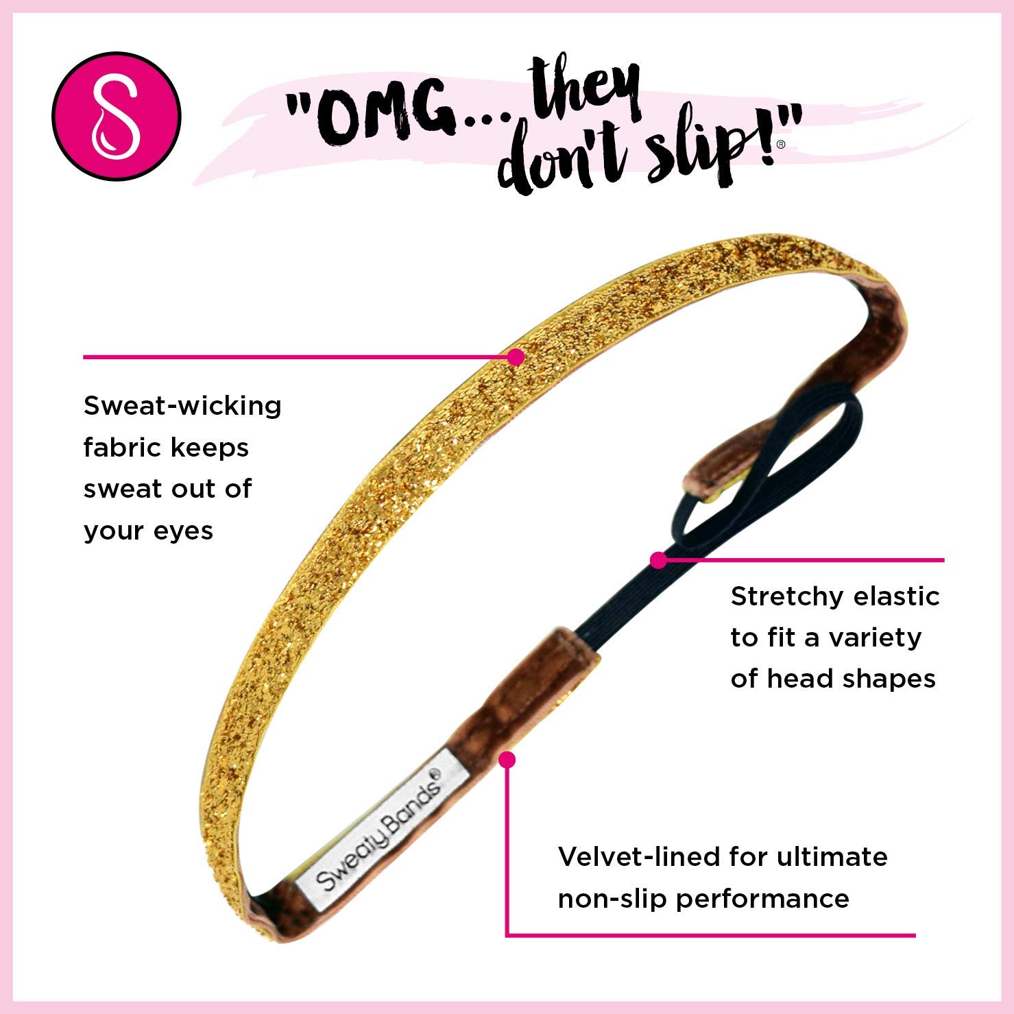 Sweaty Bands Womens Girls Headband - Non-Slip Velvet-Lined Sparkle Hairband - Viva Diva Red 3/8-Inch