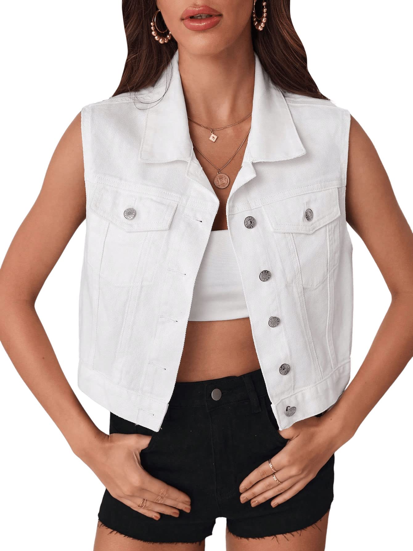 SweatyRocks Women's Sleeveless Button Down Ripped Jean Jacket Flap Pocket Crop Denim Vest Top White S