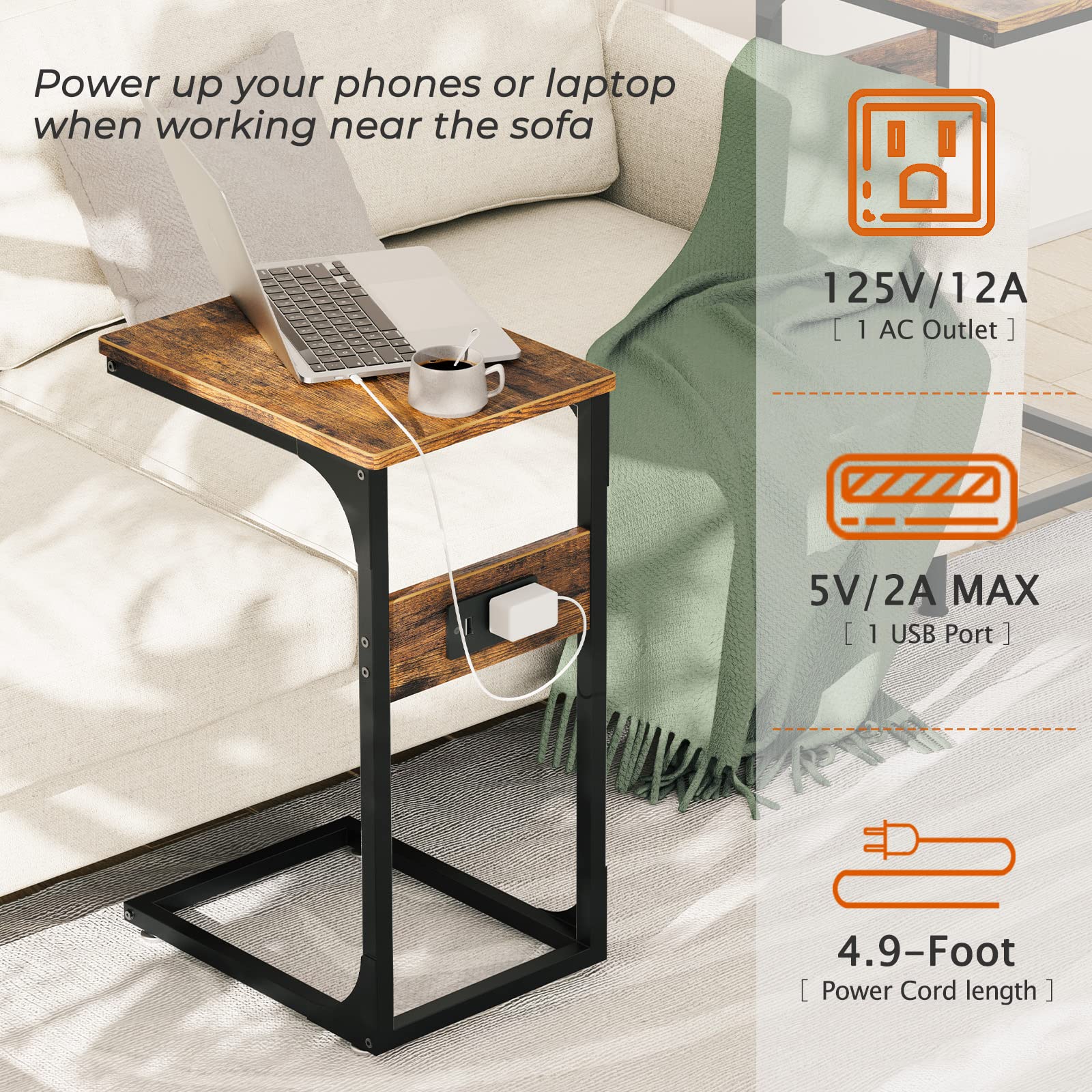SUPERJARE C Shaped End Table with Charging Station, Bed Side Table with USB Port & Outlet, Couch Table, C Table for Living Room, Set of 2, Rustic Brown