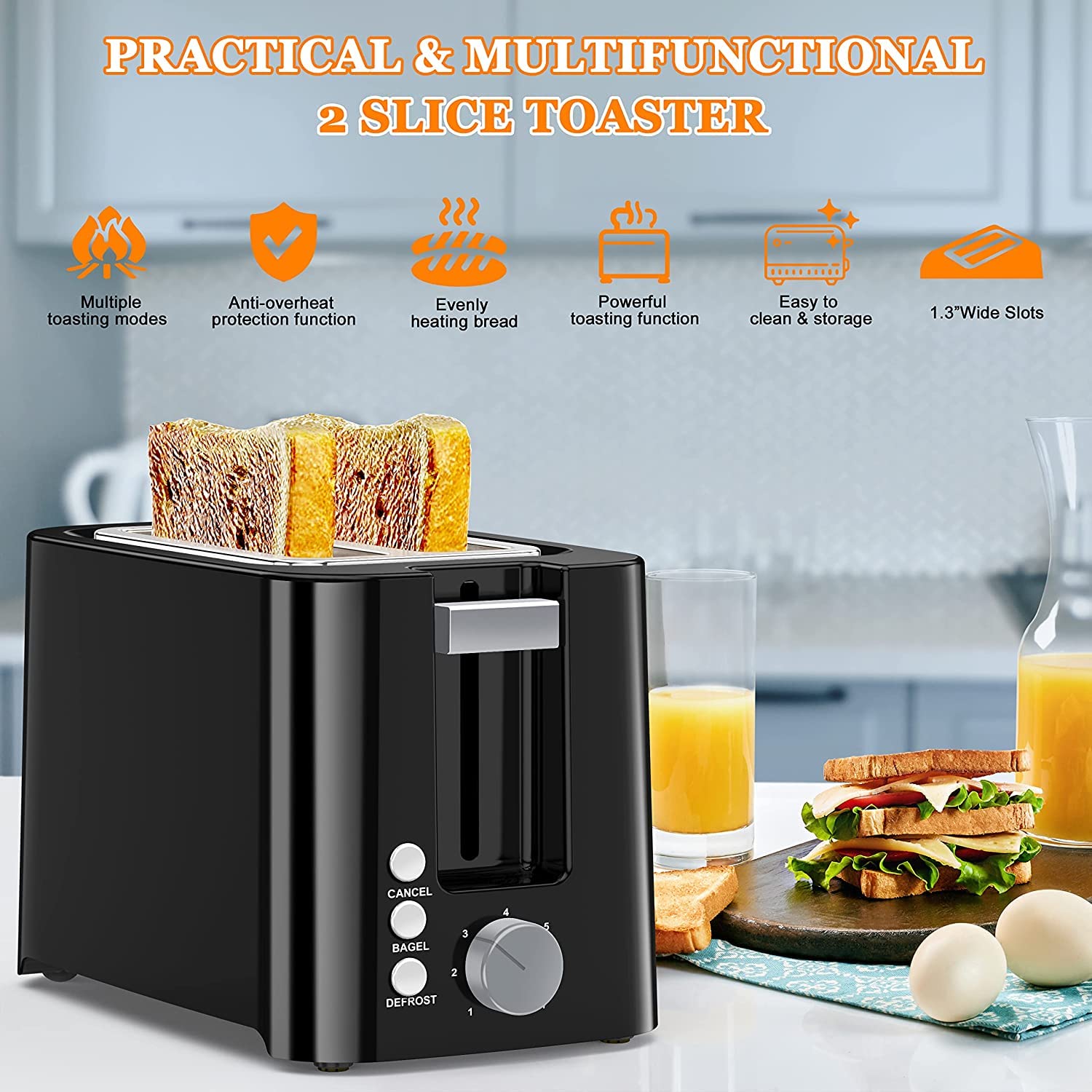 Toaster 2 Slice - Black Best Rated Prime Wide Slot Toasters the for Bagel Bread Waffle Two with 7 Shade Settings & Removable Crumb Tray