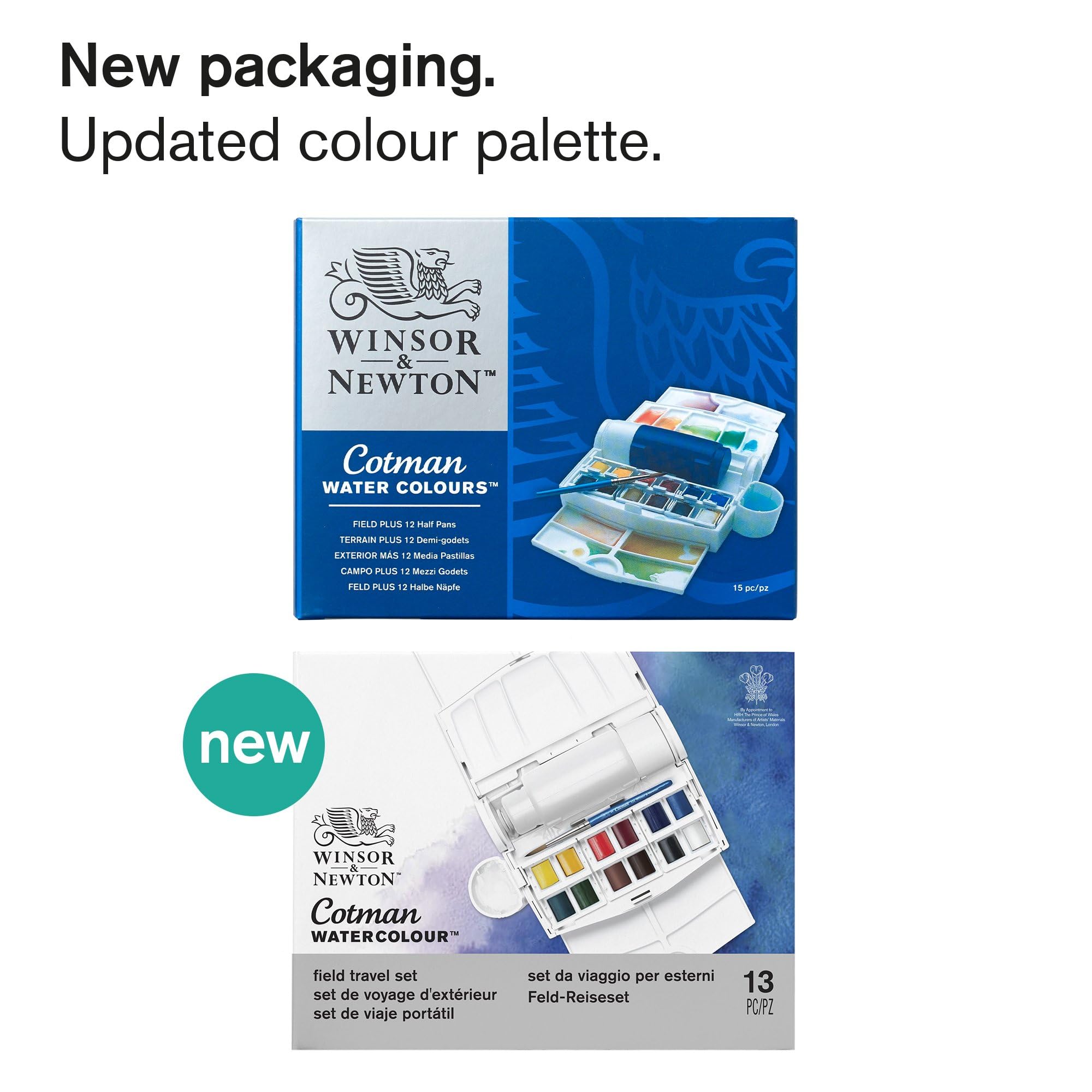 Winsor & Newton Cotman Watercolor Paint Set, Field Travel Set, 12 Half Pan w/ Brush, Mixing Palette, Bottle