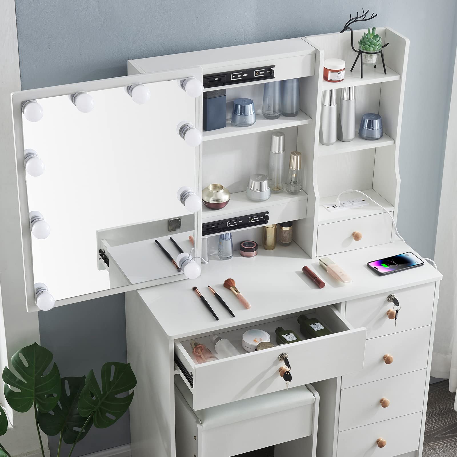 Vanity Table with Mirror and Lights, Power Outlet, Vanity with Chair and 5 Drawers for Girls, Modern Makeup Dressing Table with Hidden Storage, White