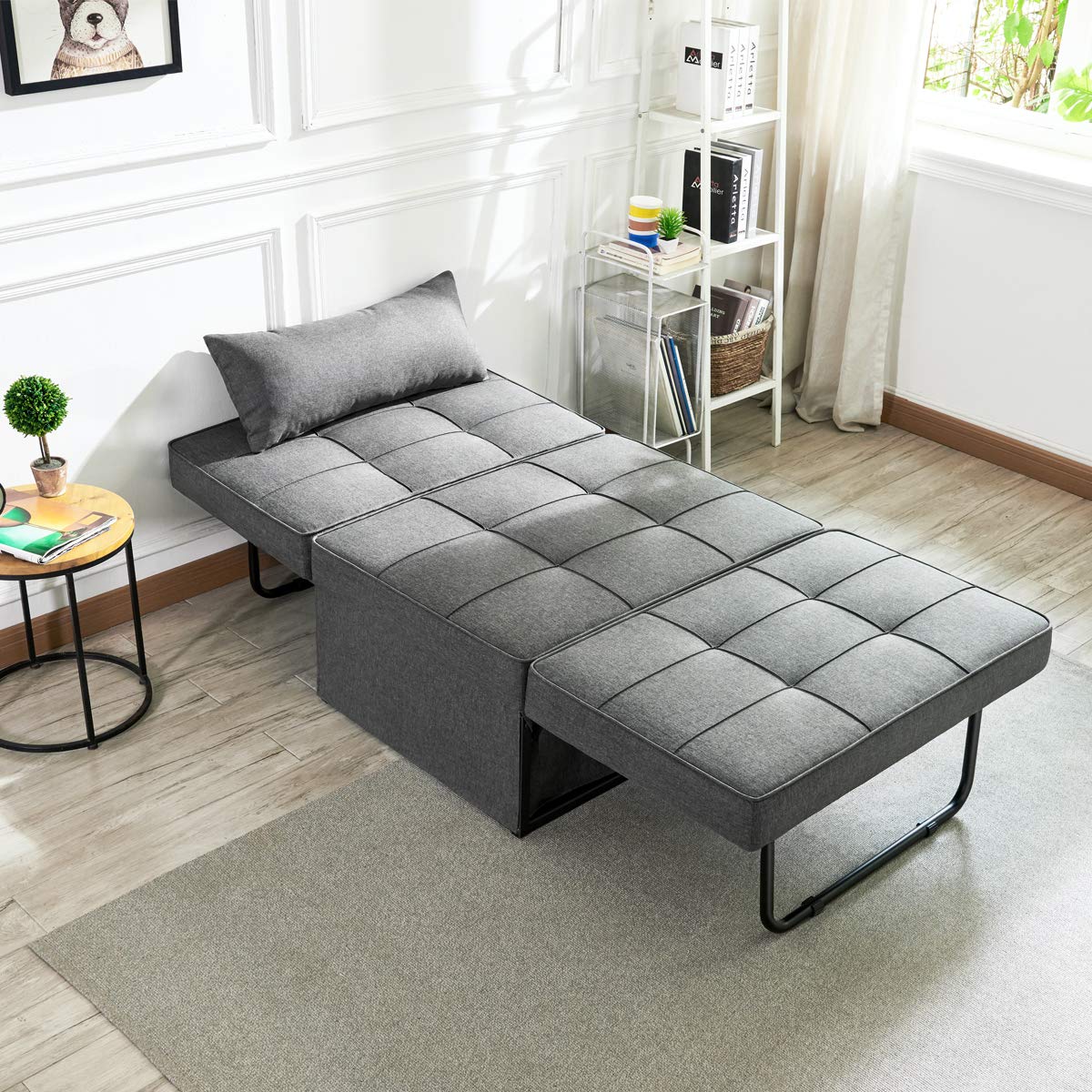 Vonanda Ottoman Folding Chair Bed, Modern Velvet Sleeper Sofa Multi-Position Convertible Couch Lounger Guest Bed with Pillow for Small Space, Velvet Gray