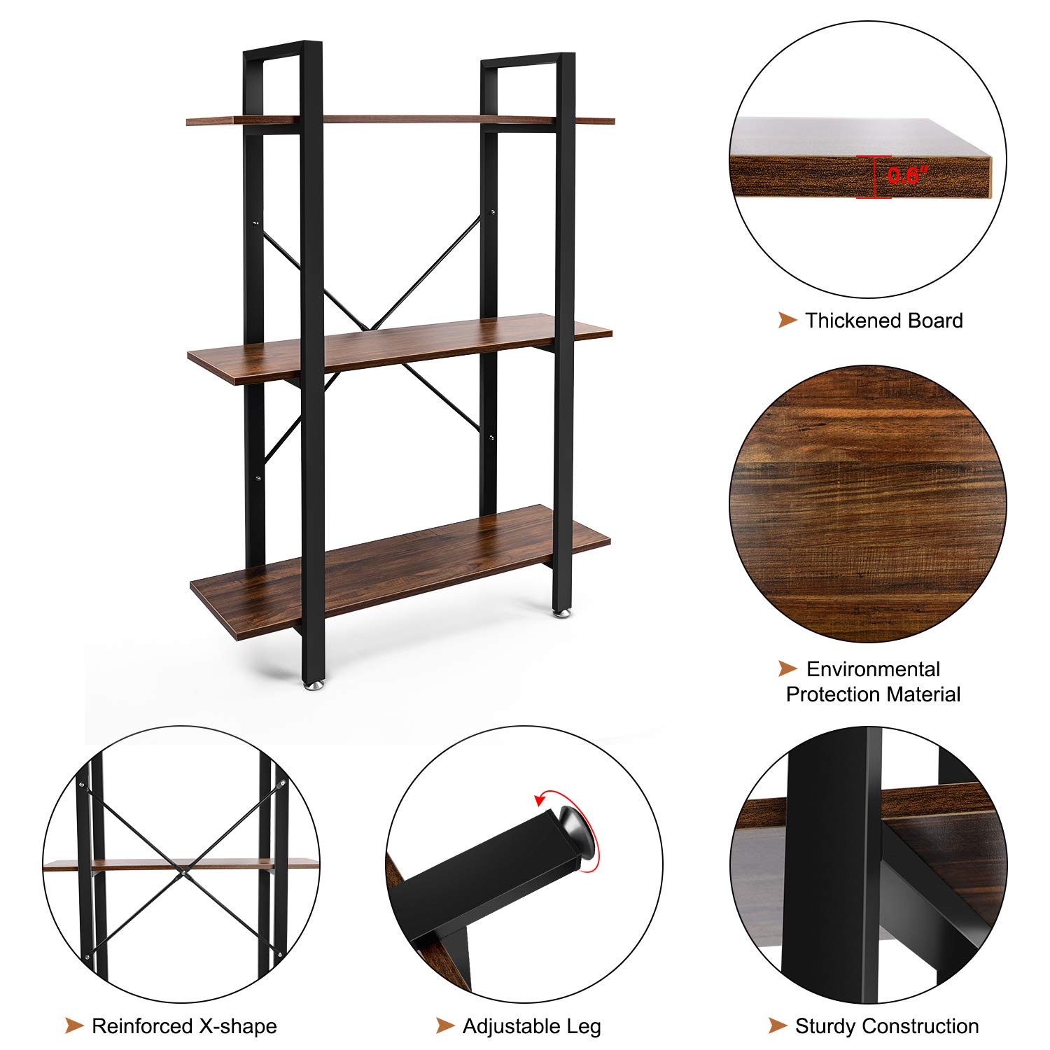 Yesker 3 Tier Bookshelf, Industrial Style Bookcase with Wood and Metal Frame, Open Storage Bookshelf for Home Office, Vintage Brown