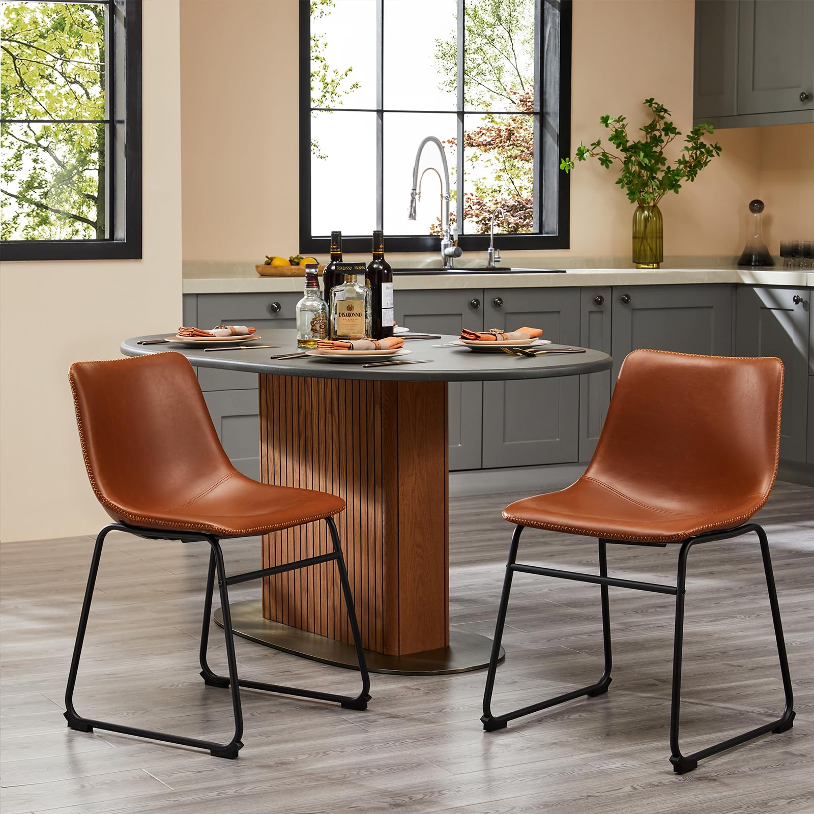 Sweetcrispy Dining Chairs Set of 2,Kitchen & Dining Room Chairs, PU Leather Cushion and Metal Legs Bar Chairs, Counter Height Bar Stools for Kitchen Island