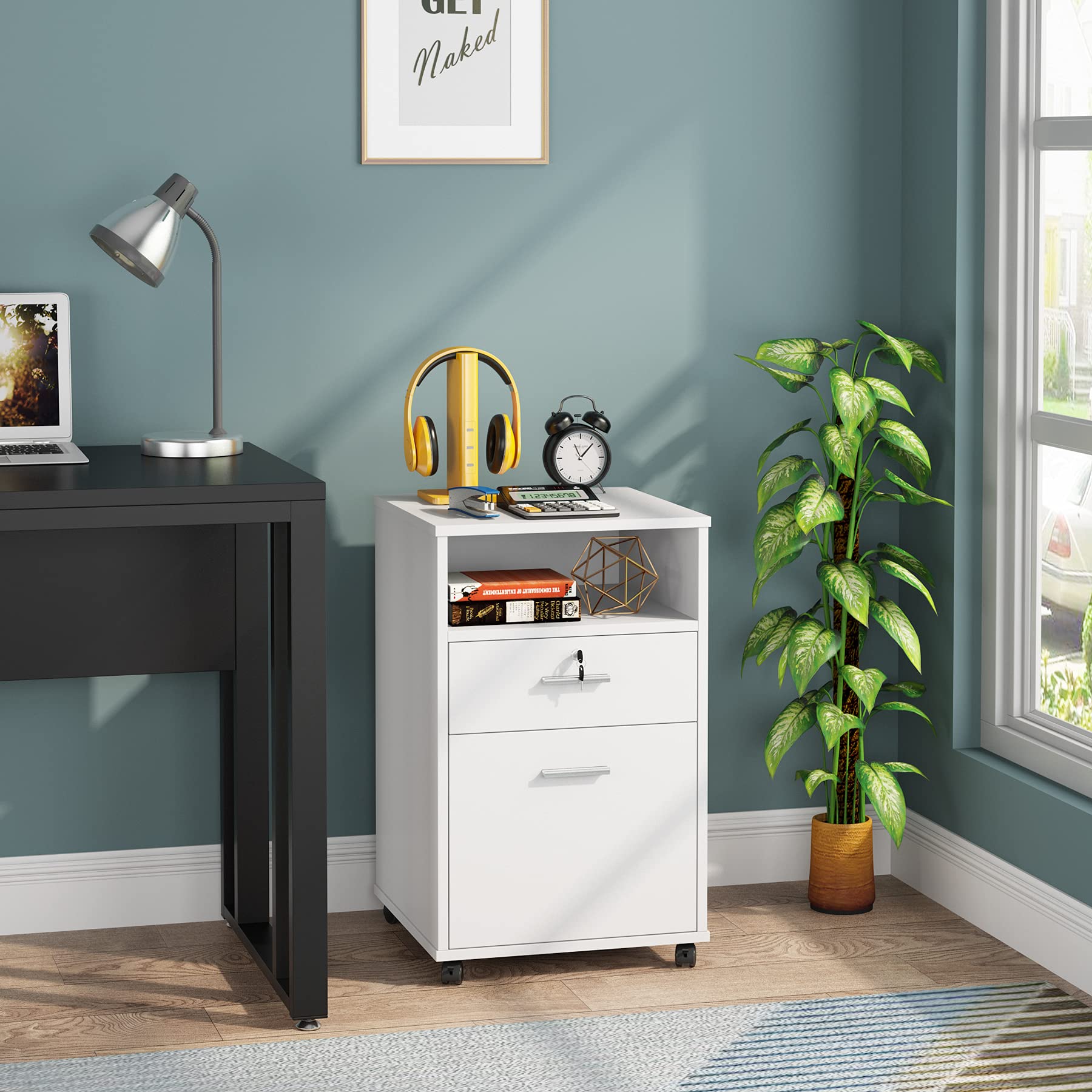 Tribesigns 2 Drawer Mobile File Cabinet with Lock, Wood Modern Filing Cabinet for Letter Size, Printer Stand with Rolling Wheels and Open Storage Shelf (White)