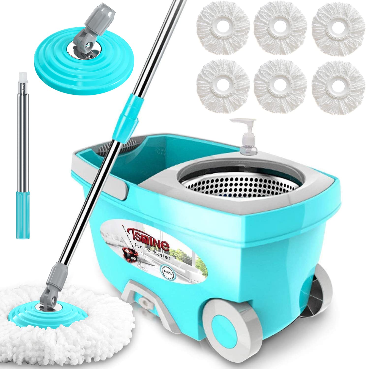 Tsmine Spin Mop Bucket System Stainless Steel Deluxe 360 Spinning Mop Bucket Floor Cleaning System with 6 Microfiber Replacement Head Refills,61" Extended Handle, 2X Wheel for Home Cleaning - MINT