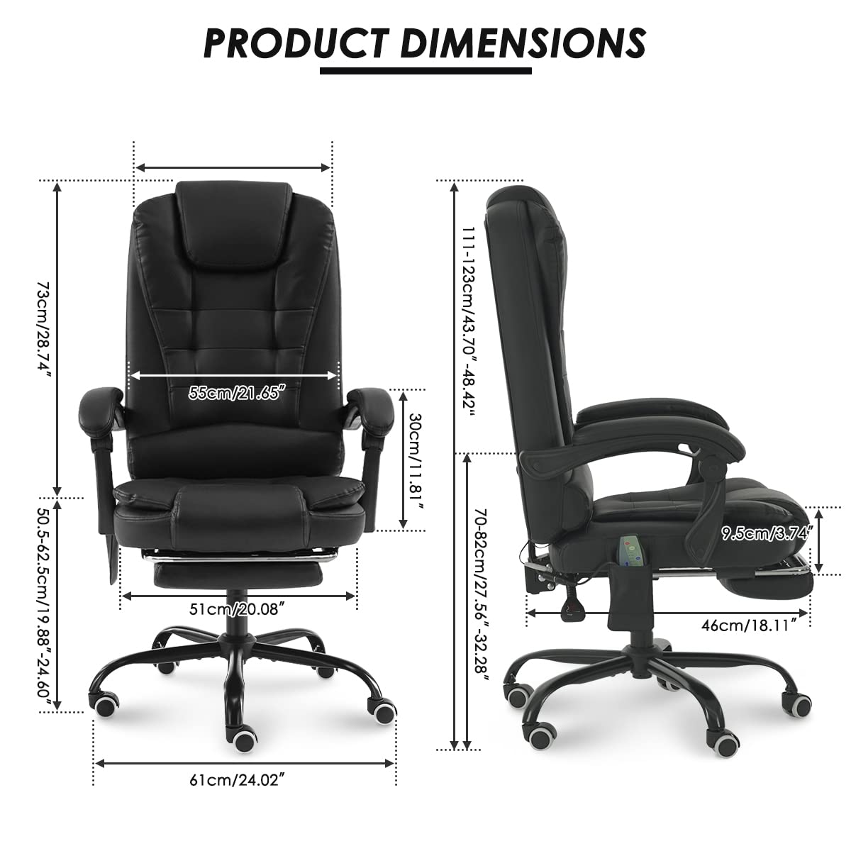 VANSPACE Executive Massage Office Chair with Footrest Reclining Home Office Chair Soft Leather High Back Computer Desk Chair with Lumbar Support Adjustable Armrest Black