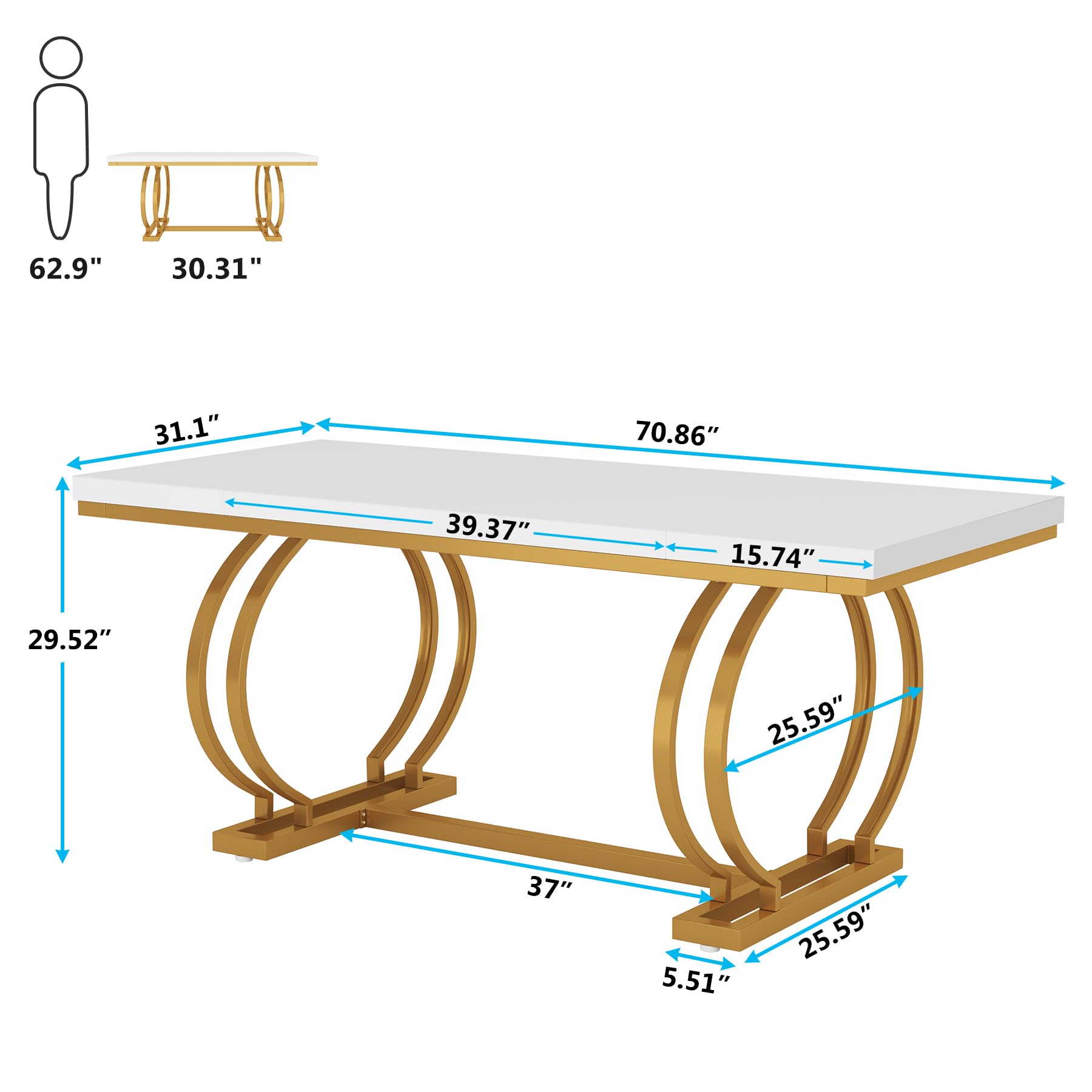 Tribesigns 70.9" Executive Desk, Large Modern Office Desk Computer Desk with Gold Metal Frame, Conference Table Meeting Room Table for Home Office, White and Gold