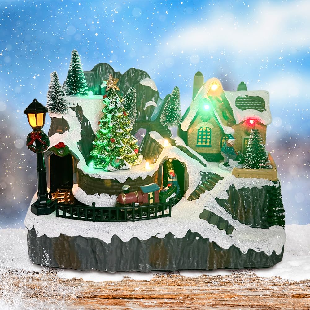 Tarocynn Christmas Village House Christmas Tree Figurine with Music and Light, Moving Tree and Train Christmas Display Indoor Decorations