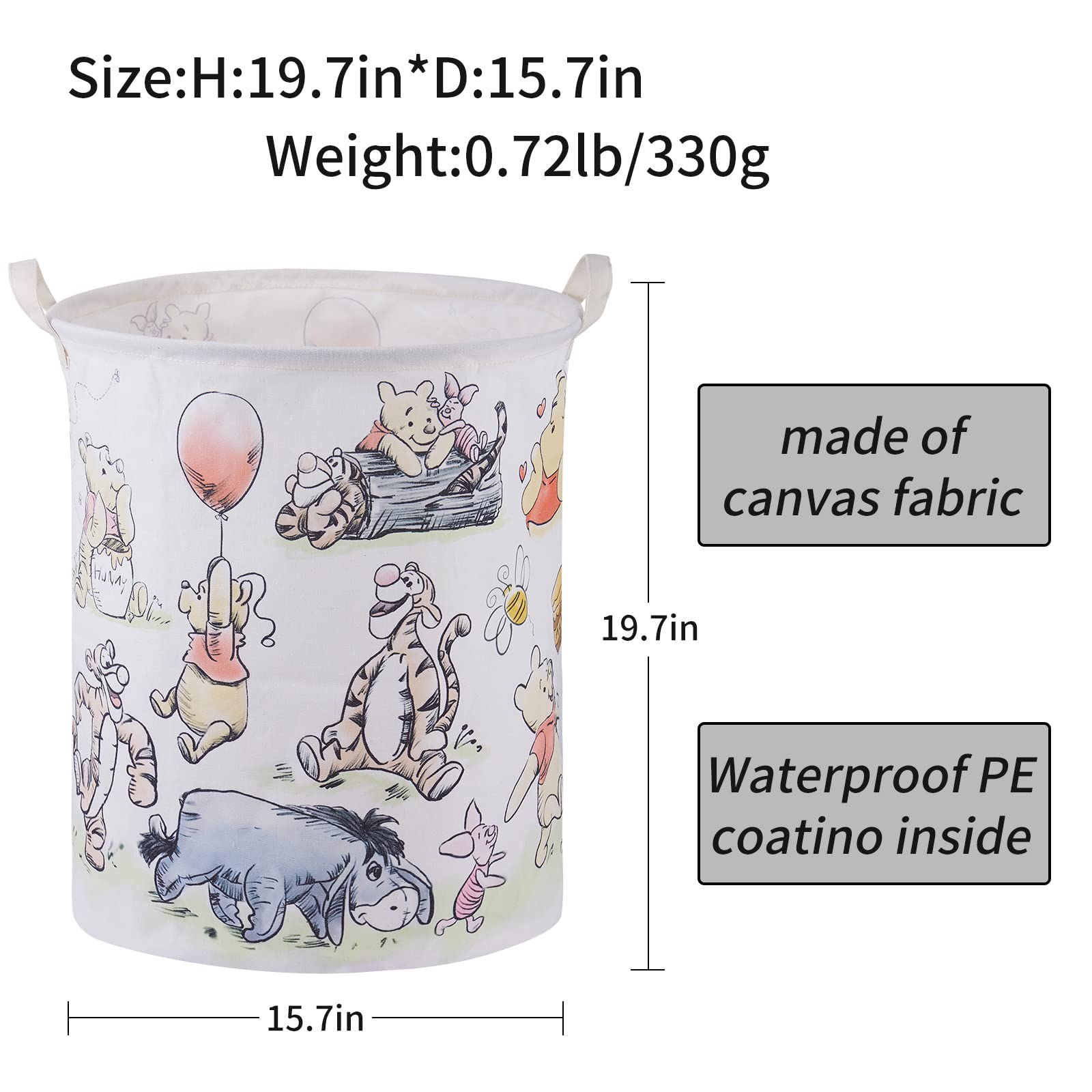 Winnie Storage Basket, Nursery Large Hamper Canvas Laundry Basket Foldable With Waterproof Pe Coating,For Kids Boys And Girls, Bathroom, Bedroom, Clothes,Toy Bin