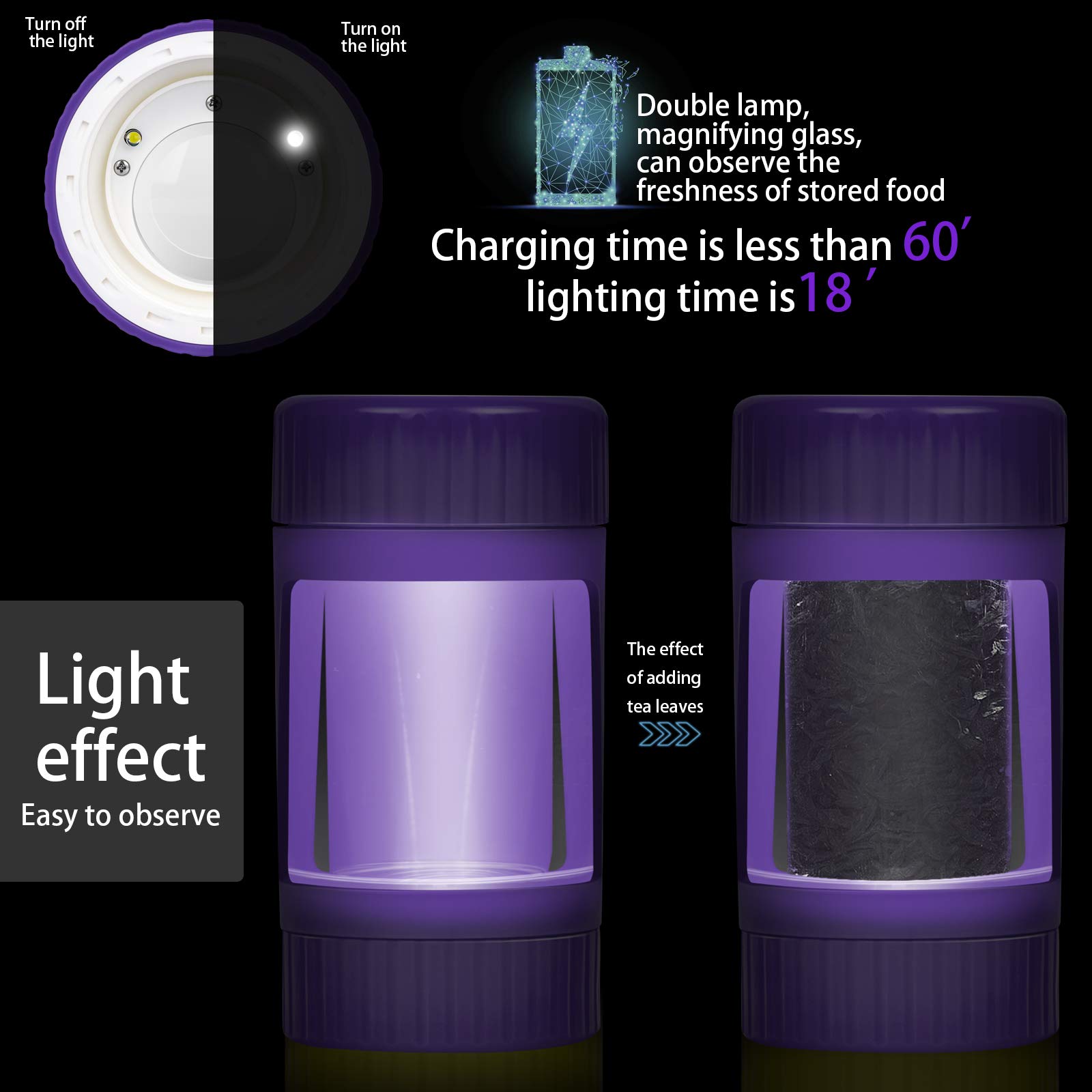 Stash Jar Light-Up LED Glass Air Tight Storage Jars Smell Proof Jar 8 Times Magnifying Viewing Jar,Glow Jar with Grinder,Portable Herb Container 110ml,Keep Foods Dry and Fresh (Purple, No Grinder)