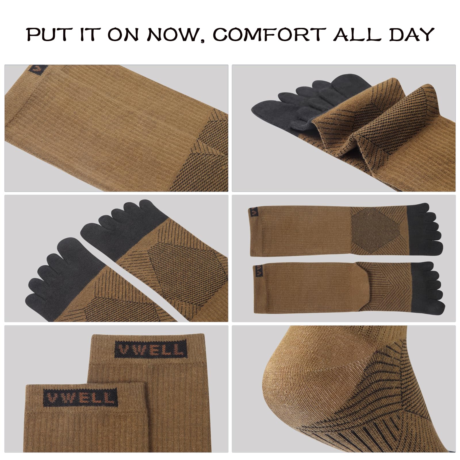 VWELL Toe Socks Cotton Athletic Running Five Finger Socks 3 Pairs,Size 7-11