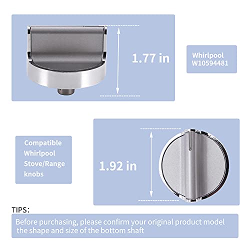 W10594481 5PCS Stainless Steel Cooker Stove Control knob ,Compatible Whirlpool Stove/Range-Replaces WPW10594481, W10594481, with a 0.3-inch"D" axis, 90 Degrees to The Rotating Surface.