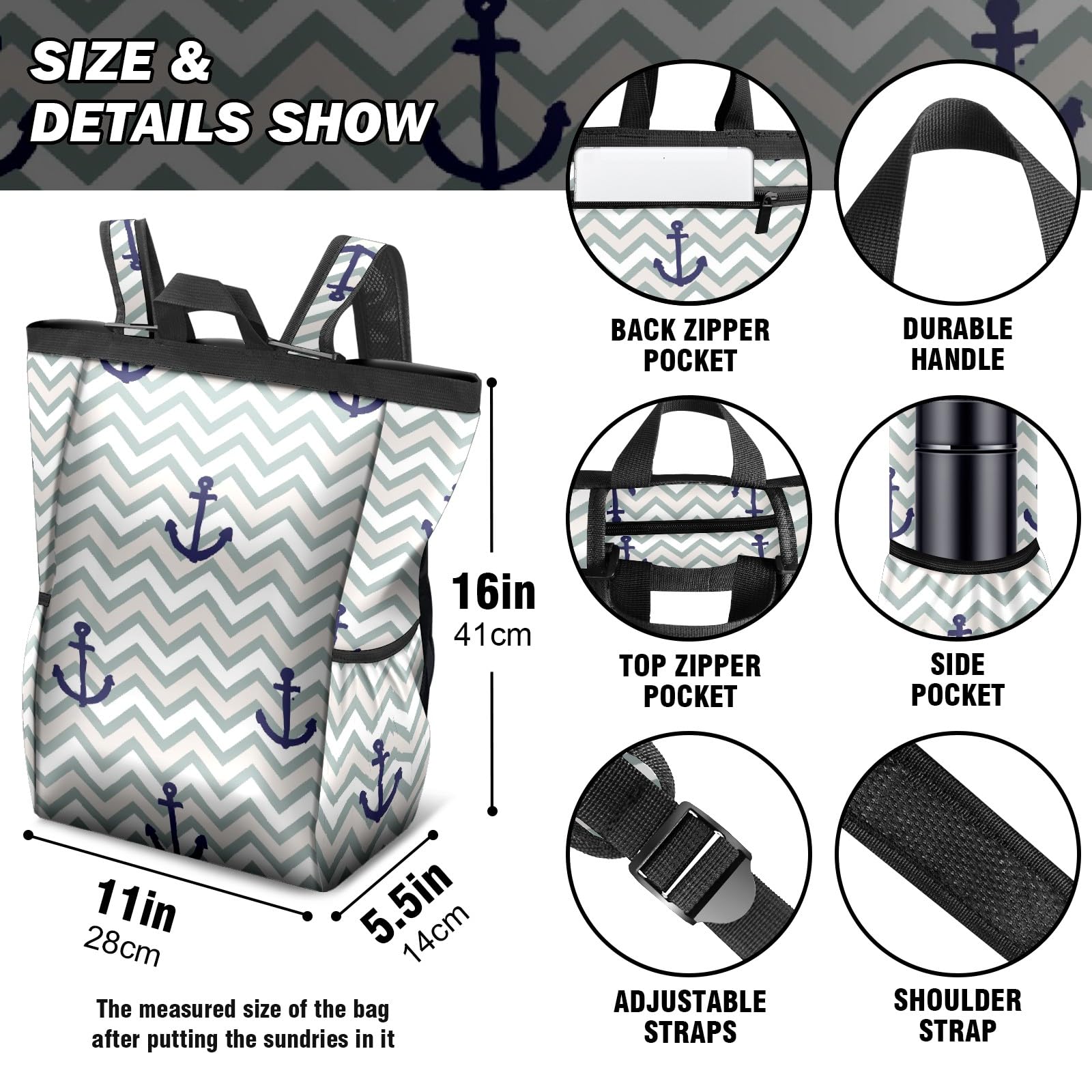 White Backpack for Women Man Travel Anchor Stripe Tote Backpack Airline Approved Personal Item Travel Bag Computer Bag for Work College Teacher Work