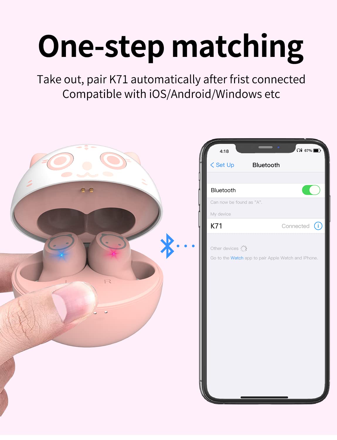 Togetface Bluetooth Kids Earbuds, Pink Wireless Earbuds for Girls and School Classroom Earpods Small Ears Headphone Earphones Airpods in-Ear Headset