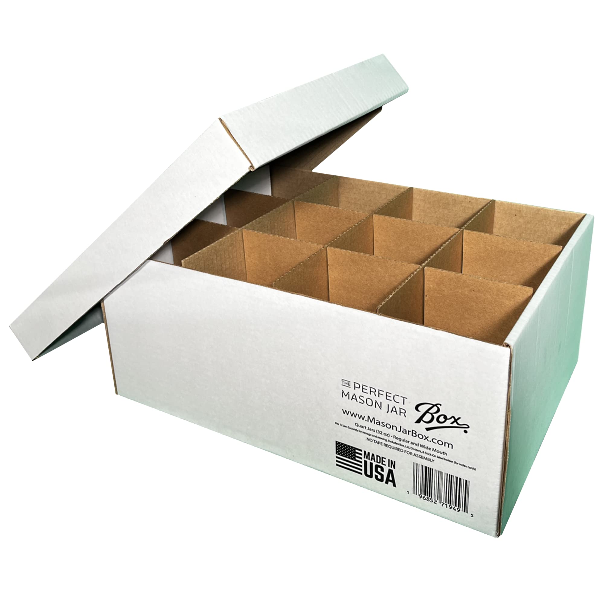 The Perfect Mason Jar Box - Quart | set of 3 cardboard canning jar storage boxes - Each box holds 12 quart size jars (32 ounces) regular or wide mouth | No tape required, stackable | Storage or Moving