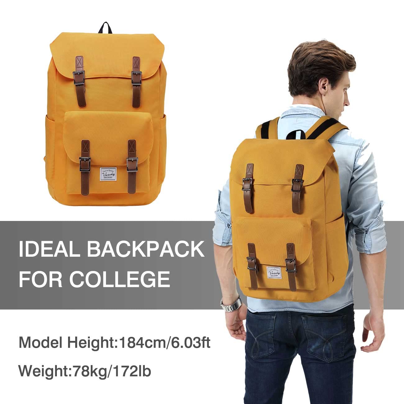 VASCHY Backpack for Men, Casual Water-resistant Hiking Camping Daypack Rucksack Travel School Backpack Drawstring Bookbag for College Fits 15.6inch Laptop (Yellow)