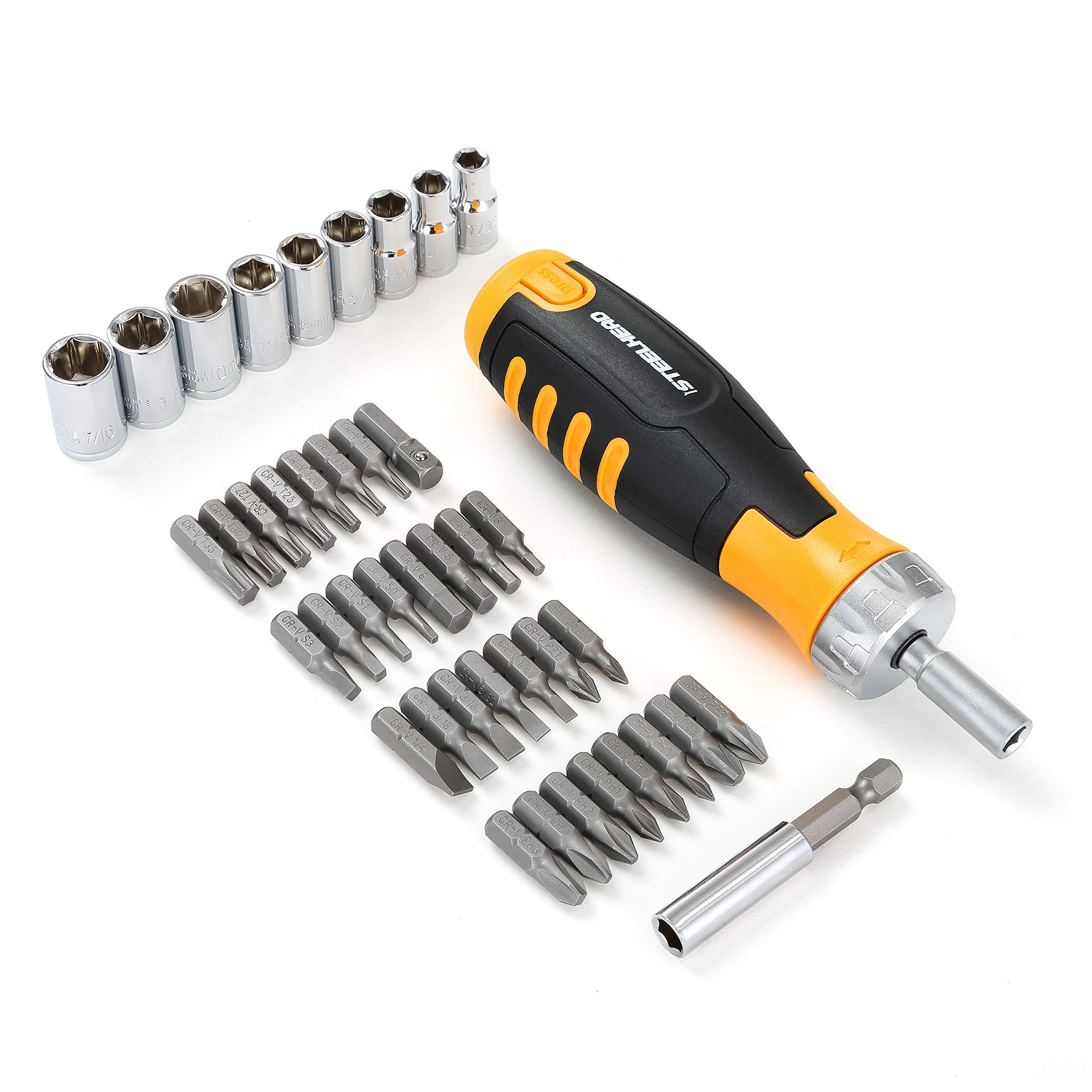 STEELHEAD 42-Piece Ratcheting Magnetic Screwdriver Bit & Socket Set, (4) Hex, (6) Phillips, (5) Slot, (4) Square, (7) Star, (9) 1/4" SAE & Metric Sockets, Handle Bit Storage, USA-Based Support