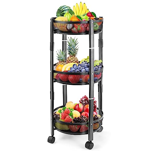 YGYQZ No-Assembly Fruit Vegetable Kithen Cart, 3-Tier Rolling Movable Basket Utility Storage Cart with Caster Wheels for Office Kitchen, Bathroom (Black Utility cart)