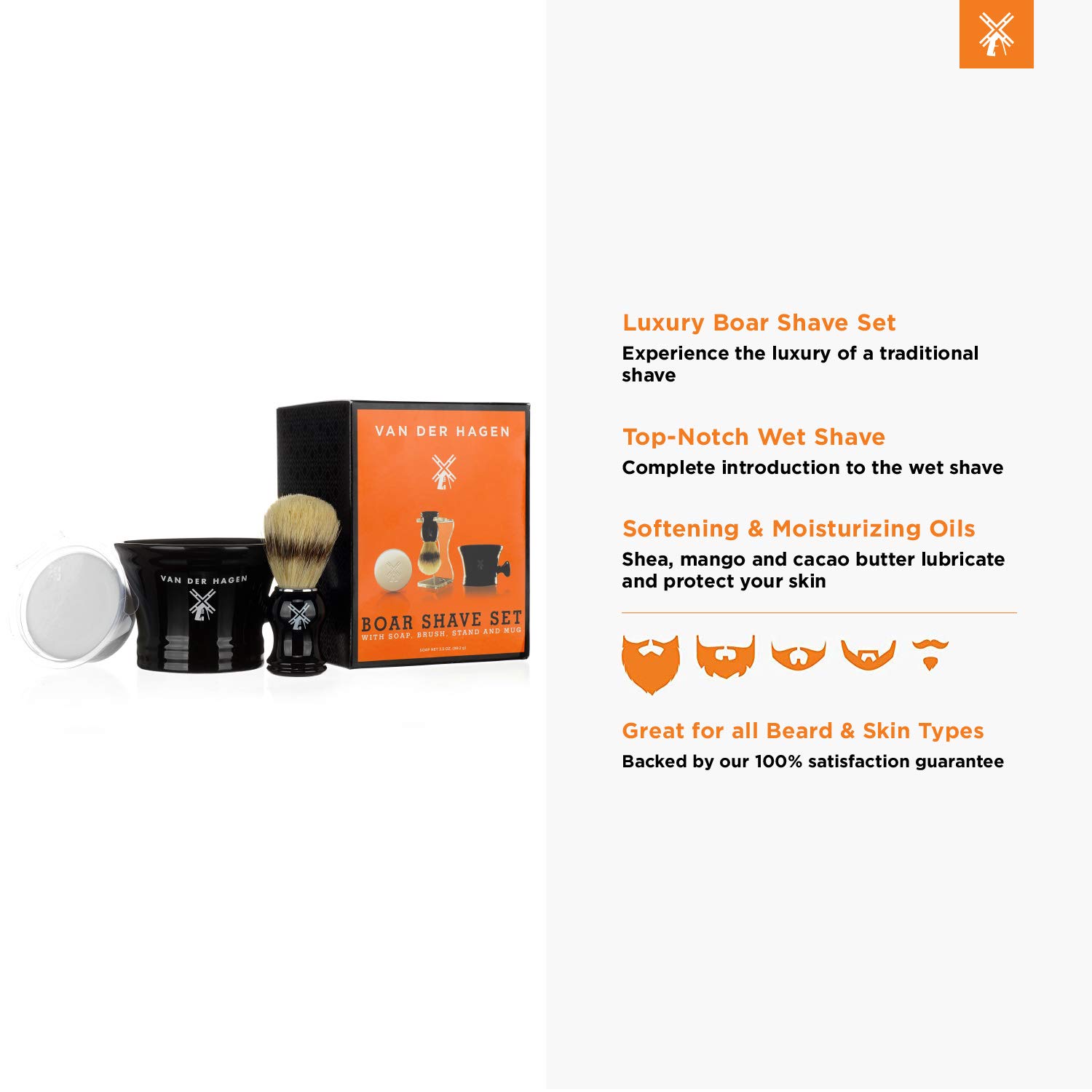 Van Der HagenĀ® Luxury Shaving Set - Total Men's Wet Shaving Kit w/Boar Bristle Brush, Scented Luxury Soap, Stand and Apothecary Mug
