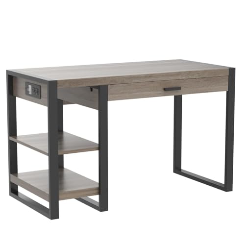 Walker Edison Modern Industrial Computer Gaming Desk Office Storage Shelves and Drawer with Electrical Outlet Home Office, 48 Inch, Grey Wash