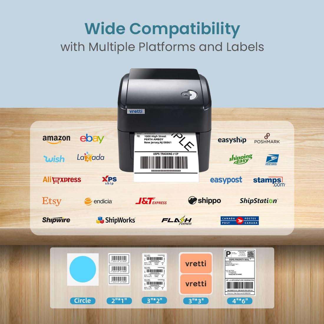 vretti Wi-Fi Thermal Label Printer, Wireless Shipping Label Printer for Small Business & Package, 4x6 Label Printer Compatible with Etsy, Ebay, Amazon, Shopify, USPS and More
