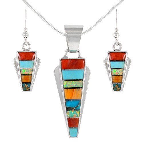 Turquoise Network Genuine Gemstone Pendant & Earrings Set in 925 Sterling Silver with 20" Chain (Multi)