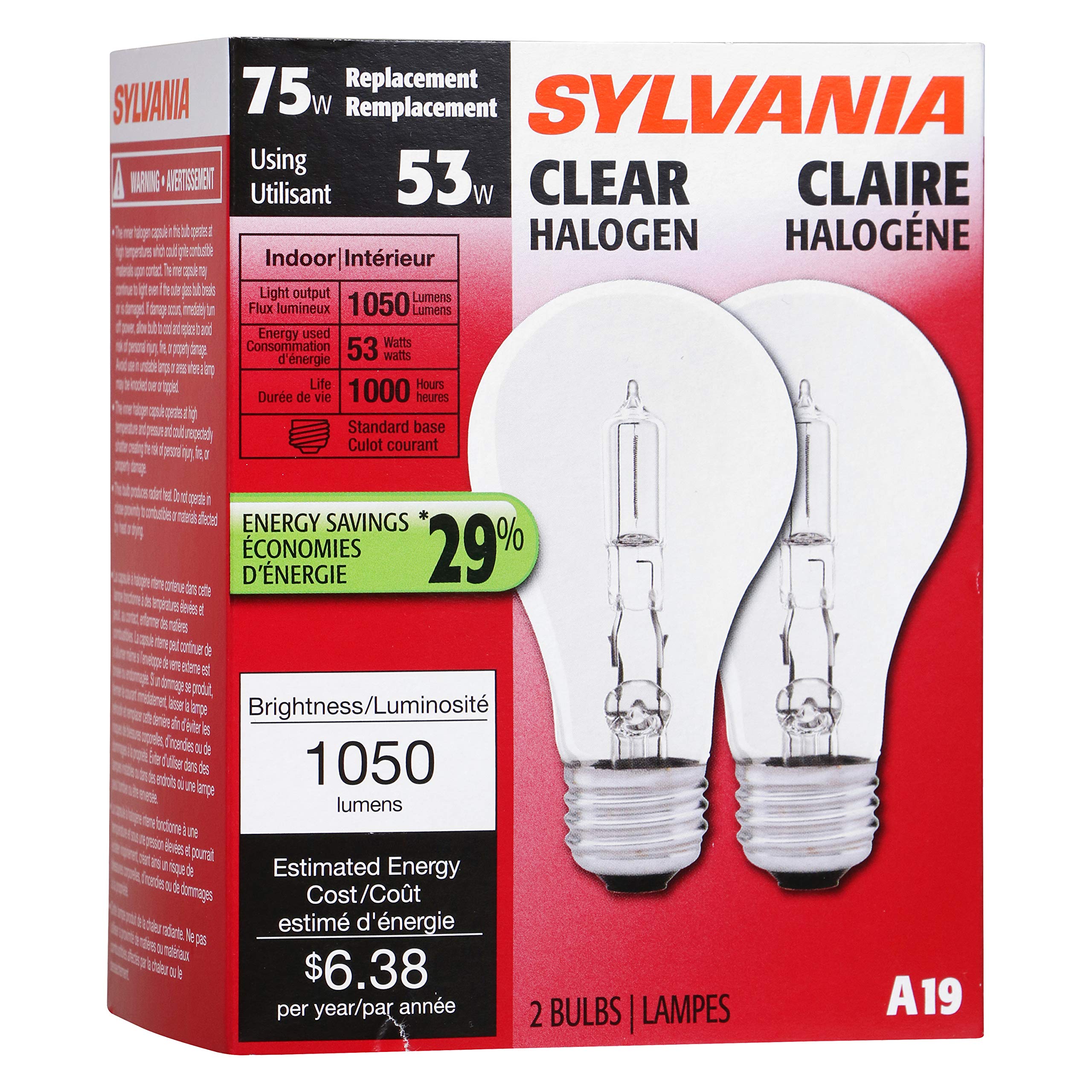 SYLVANIA Halogen A19 75W Replacement Light Bulb, E26 Medium Base, 1050 Lumens, 2950K Natural White, 100 CRI, Clear Finish - 2 Pack (52555)