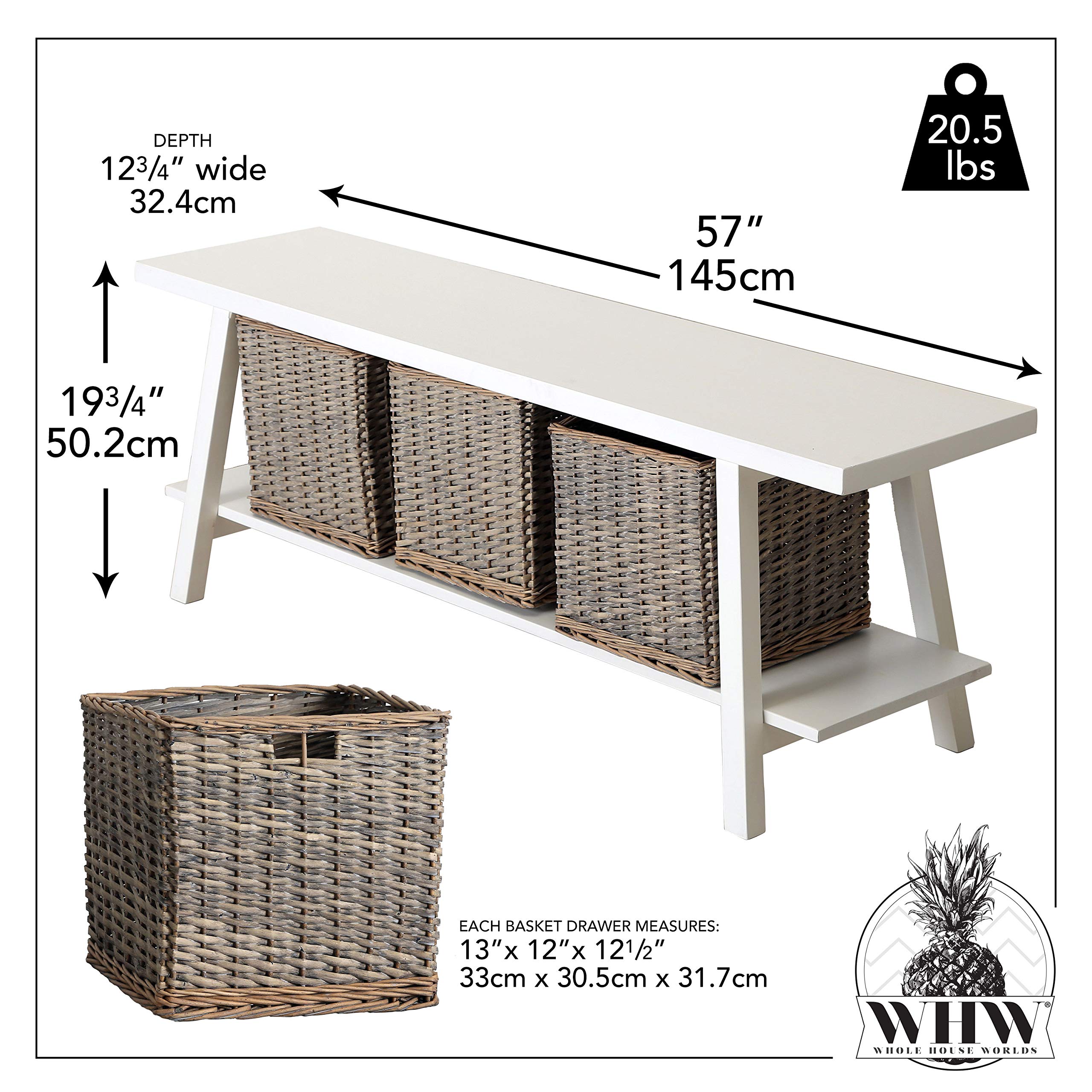 WHW Whole House Worlds Hamptons Bench, A-Frame Storage, Coastal Style Cubbies, White with 3 Brown Willow Wicker and Wood Baskets, MDF Frame, 57 Long x 12.75 Wide x 19.75 Tall Inches