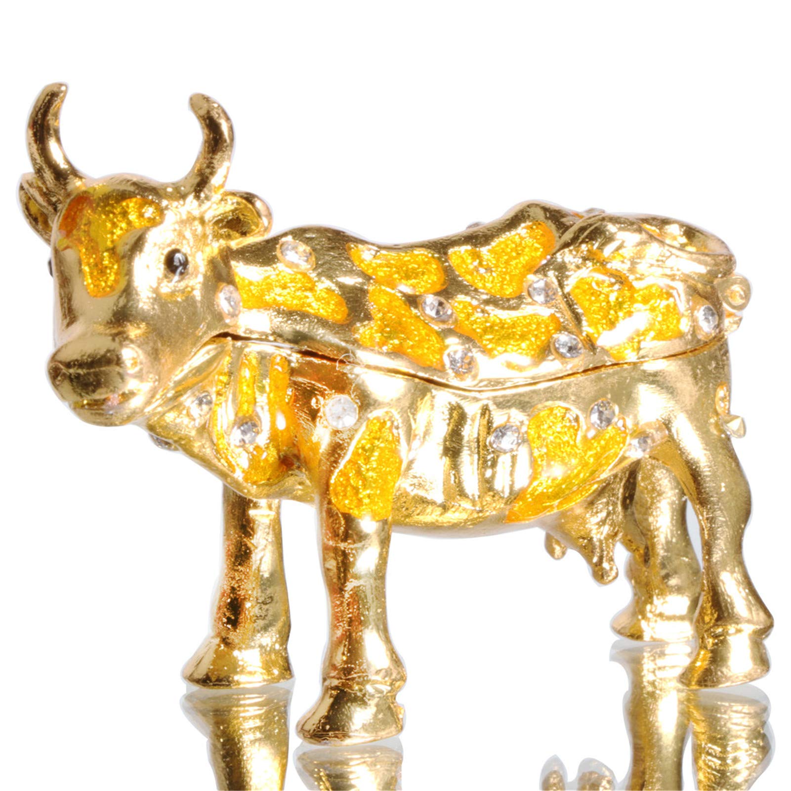 Waltz&F Golden Bull Hinged Trinket Box Bejeweled Hand-Painted Ring Holder Animal Collectible Figurine Decoration