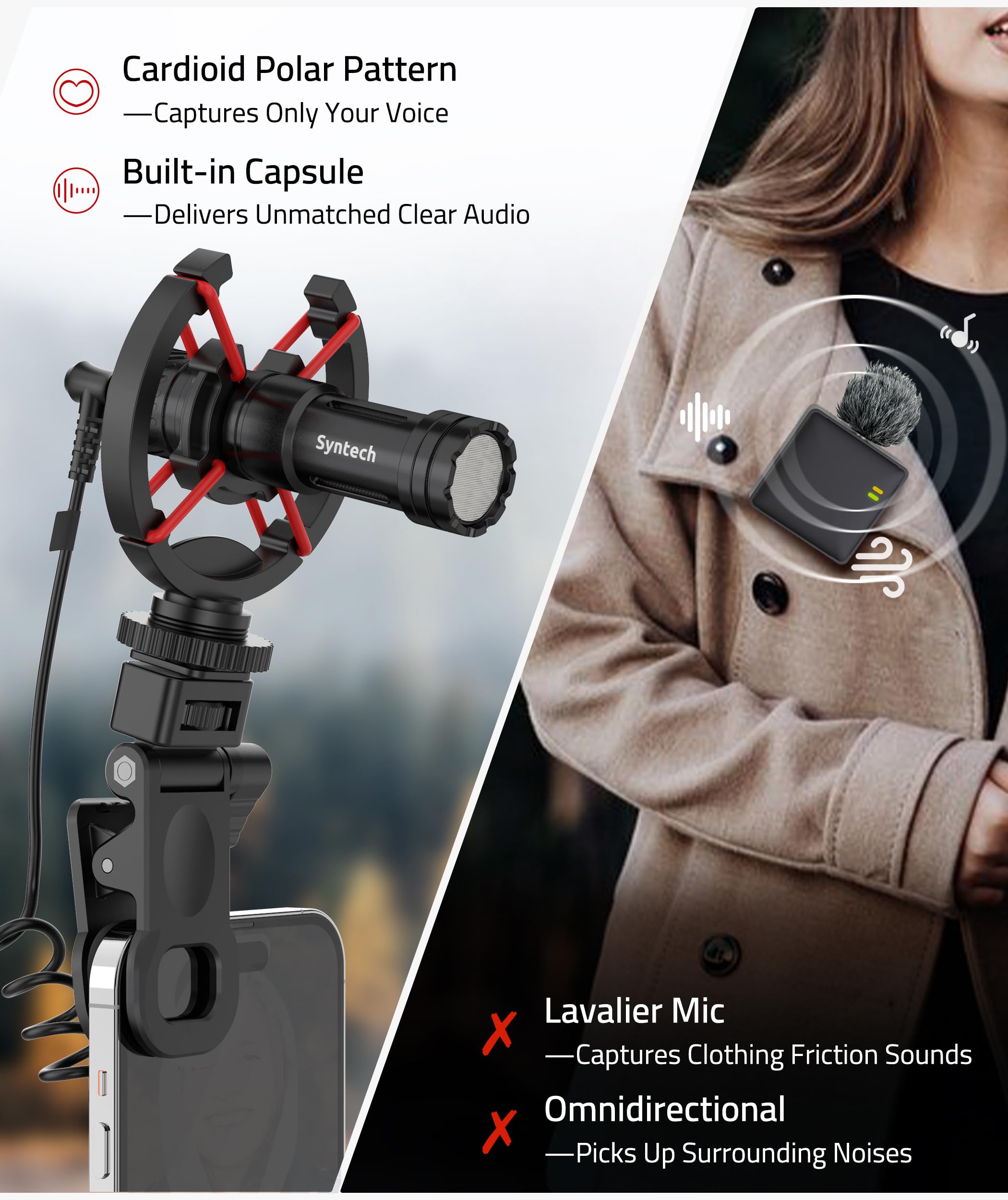 Syntech 2-in-1 Video Microphone for Creators Recording, Camera Microphone with Shock Mount and Windshields Compatible with DSLR Camera, iPhone, Android, Camcorder, Shotgun Mic for Vlog